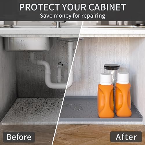 RUGICI Under Sink for Kitchen Bathroom Cabinets Protection Mats, 34" x 22" Waterproof Silicone Flexible Under Sink Drip Tray Liner with Drain Hole for Below Sinks Durable, Grey