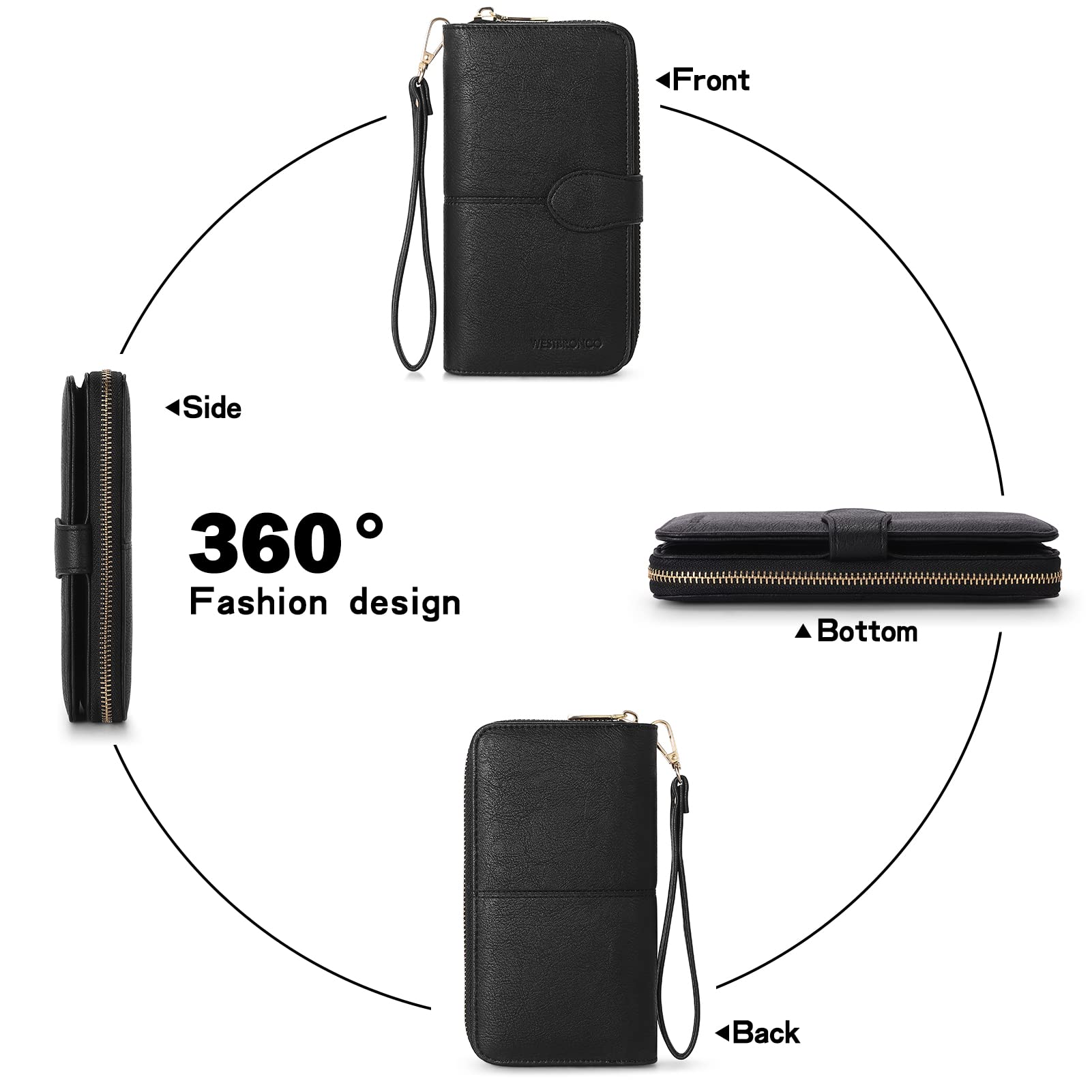 WESTBRONCO Women's Wristlet Handbags Leather Wallet Bifold Ladies Cluth Credit Card Holder Black