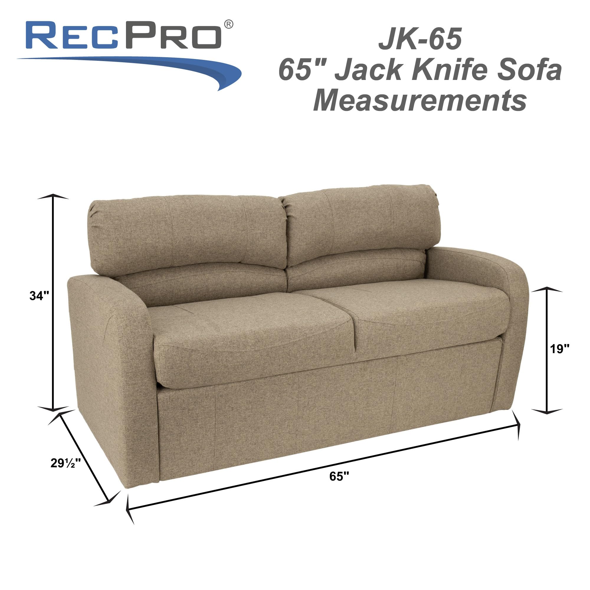 RecPro 65" Jack Knife RV Sleeper Sofa with Arms | RV Furniture | Zero Wall Hugger | Cloth (Fossil)