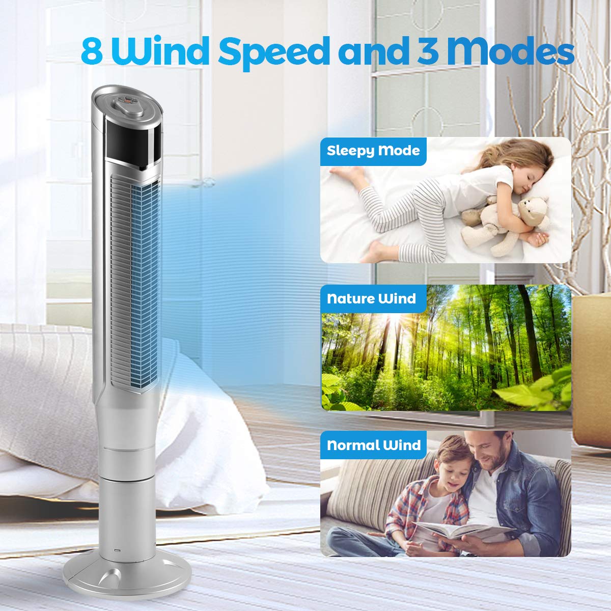 R.W.FLAME Tower Fan, 360° Oscillating Standing Fan Room Fan Portable Bladeless Quiet Floor Fan with Remote, 8 Speeds, 3 Modes, 24H Timer for Bedroom and Home Office Use (47-inch, SILVER)
