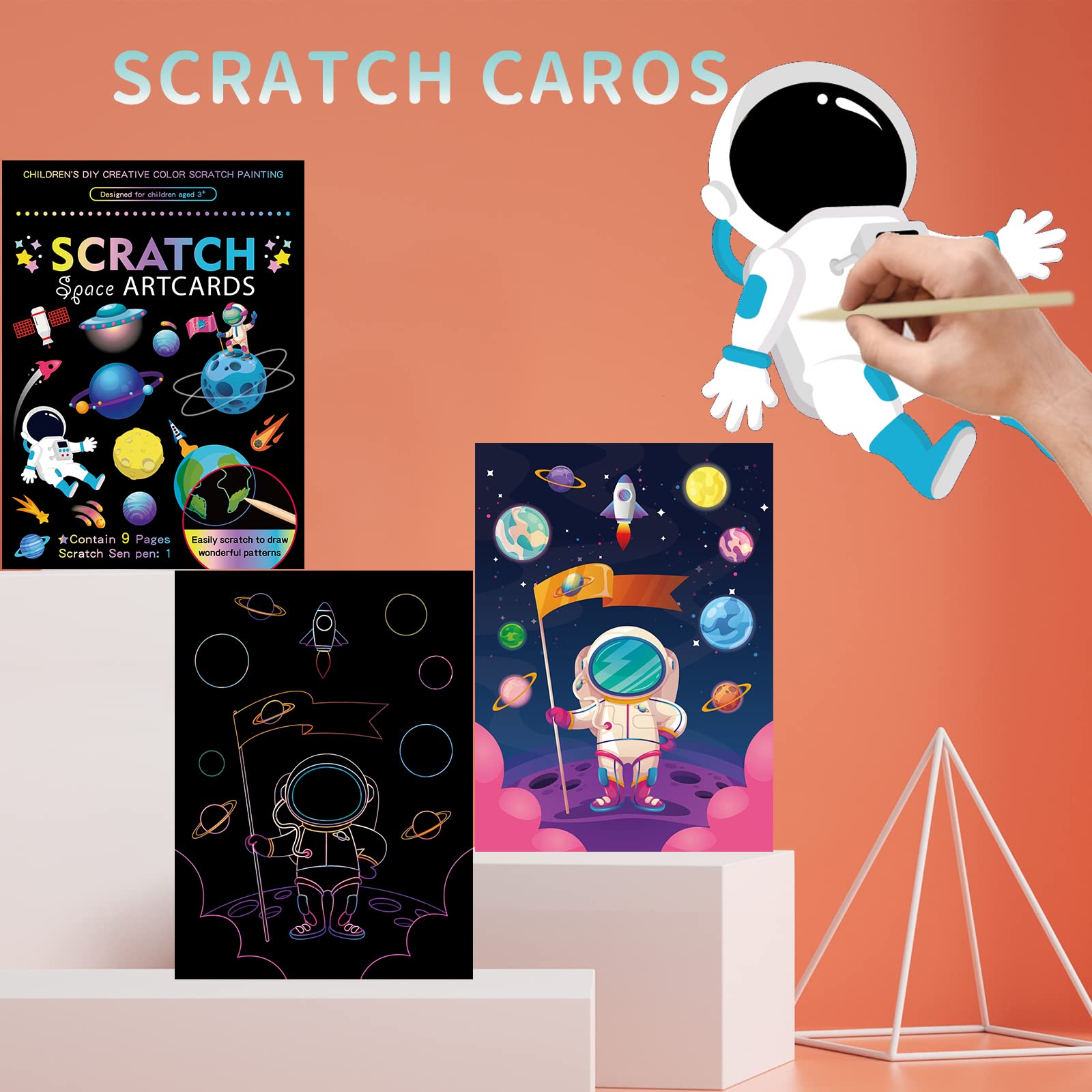 OPUHOHR 3 Set Magic Scratch Paper Art, Colorful Magic Drawing Art Book with 3 Scratch Pen for Birthday Halloween Christmas Party Games Projects Kits (Dinosaurs/Underwater World/Spaceman