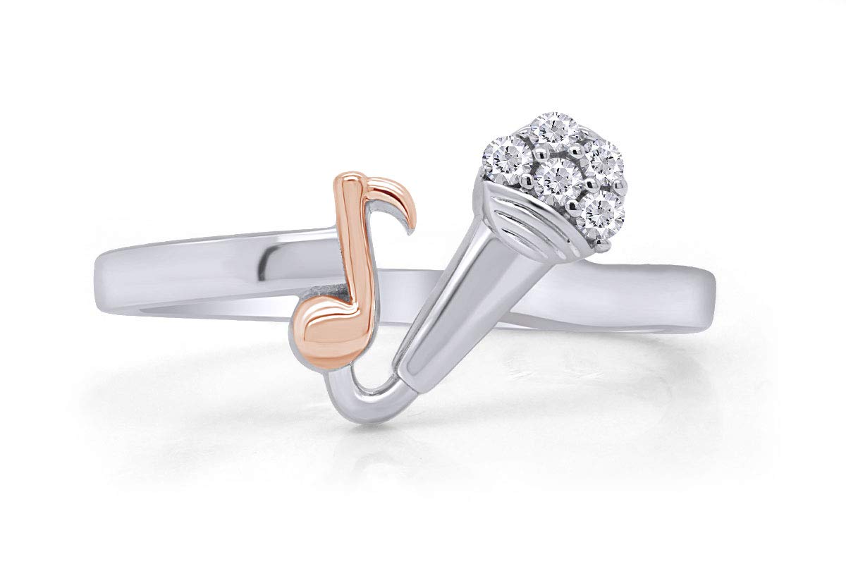 Round White Natural Diamond Accent Mic & Music Note Two Tone Ring 14k White Gold Over Sterling Silver