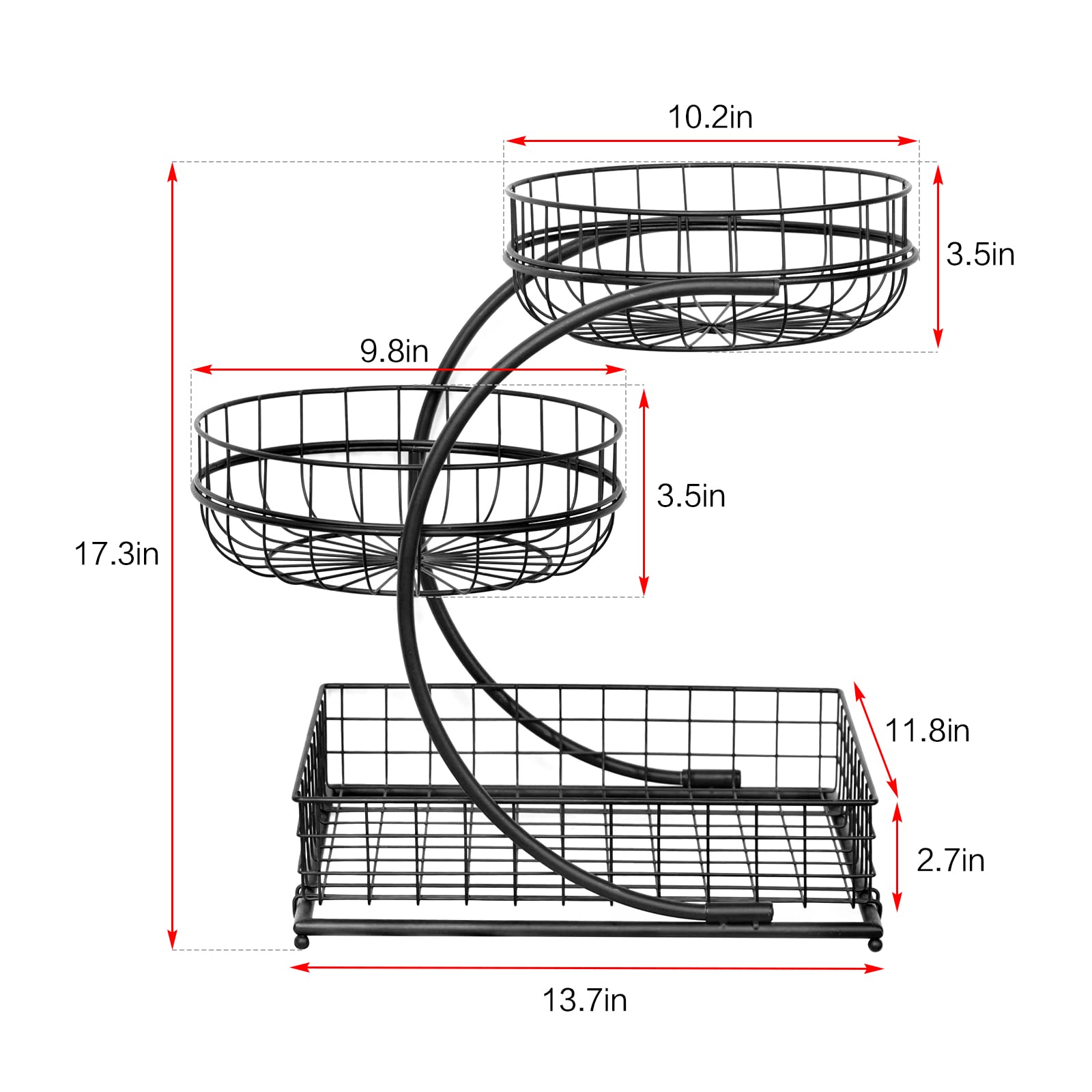 Tiaoheka 3 Tier Fruit Basket for Kitchen, Metal Wire Fruit Bowl for Kitchen Counter, Detachable Fruit Vegetables Storage Basket Holder Stand for Countertop Dining Table(Round and Square, Black)