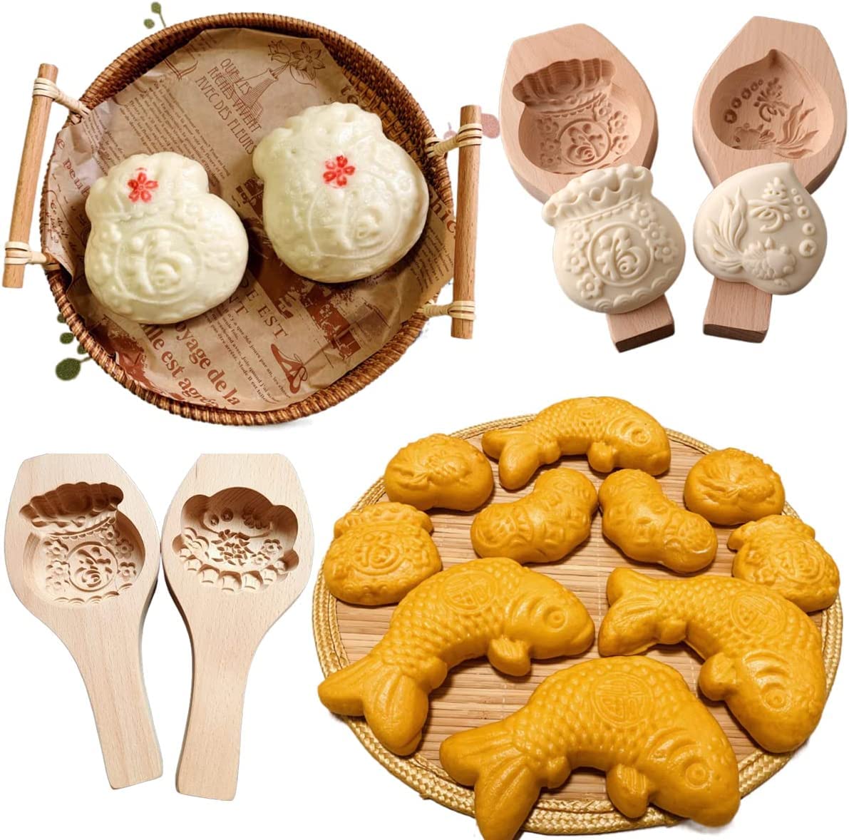 Wooden Cookie Molds Mooncake Mold Cookie Stamps for Baking Pie Press for Christmas Thanksgiving Birthday Mid Autumn Festival DIY(SHOU)