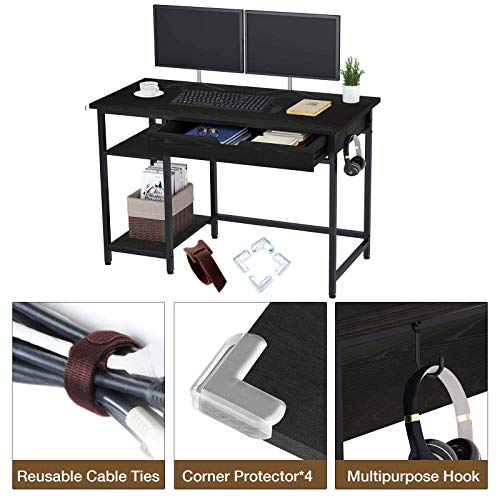 Rolanstar Computer Desk with Shelves and Drawer, 47" Home Office Writing Desk, Laptop Study Table Workstation, Particle Board with Metal Frame, Business Style,Black