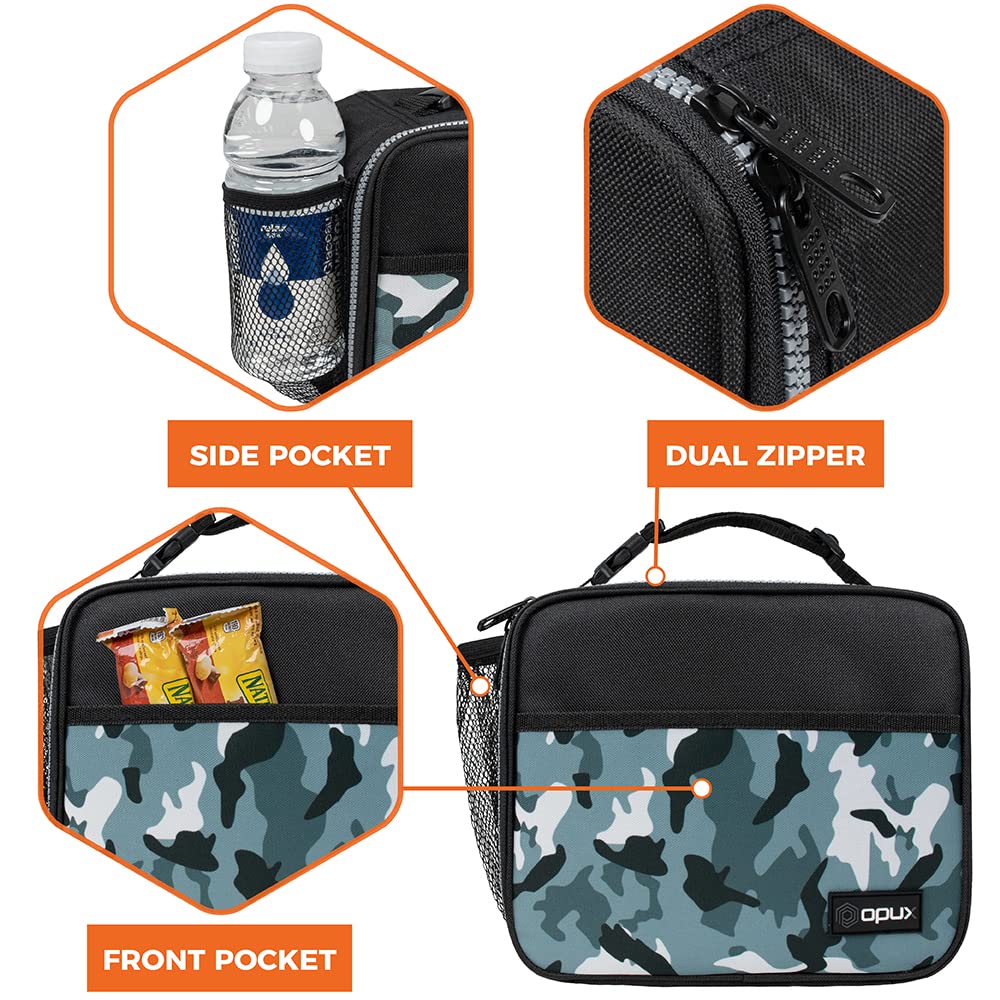 opux Insulated Lunch Bag Kids, Lunch Box for School Boy Girl, Leakproof Small Reusable Compact Soft Mini Cooler Bag, Toddler Small Lunch Boxes Kit Pail with Front Side Pockets (Camo Green)