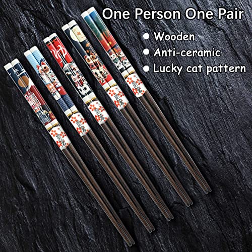WORCAS 5 Pairs Hardwood Chopsticks Reusable, 9.0Inch/23cm Japanese Style Natural Wood Chop Stick Hand-Carved Chopstick (Anti ceramic pattern)