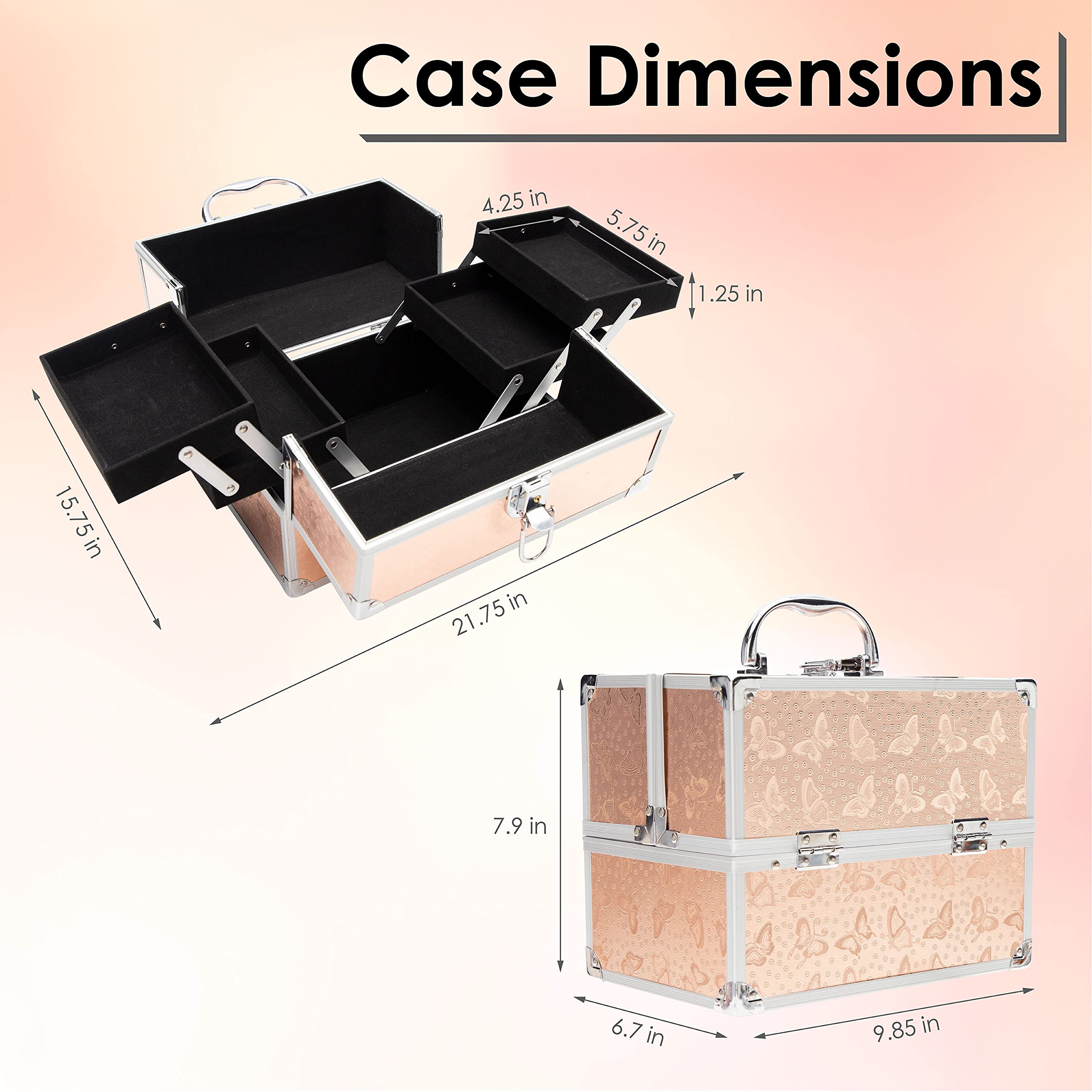 ZAK AND ZOEY Makeup Organizer - Cosmetics Organizer with 4 Trays & Bottom Compartment - Makeup Train Case with Latches & Handle - Makeup Case for Cosmetics & Tools, Rose Gold embossed butterfly