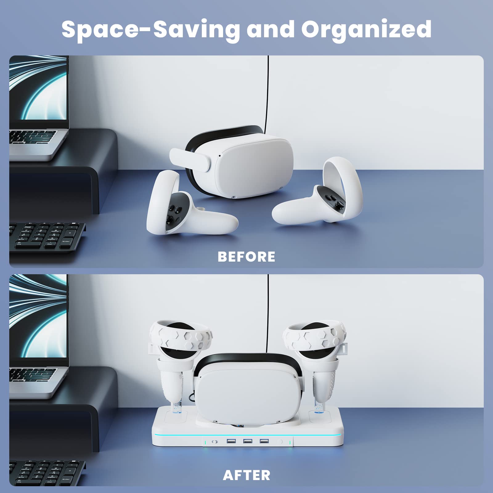 VR Charging Station for Oculus Quest 2/Meta Quest 2, CODOGOY Charging Dock Supports LED Indicator/Charging Headset, with 2 Rechargeable Batteries&USB Charging Cable, Support Elite Strap with Battery