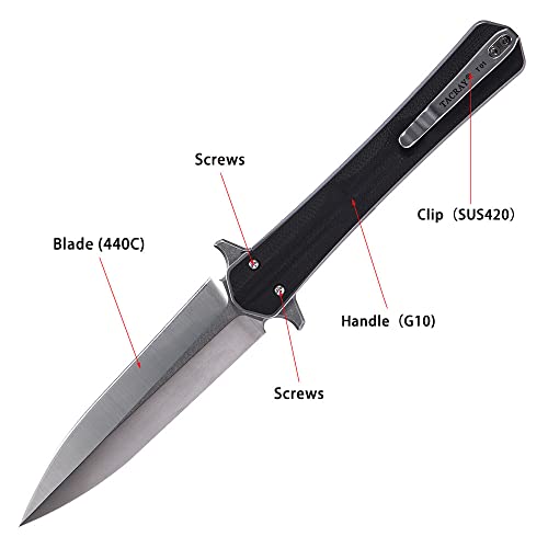 TACRAY Unique Folding Camping Knife, One-hand Operated Hunting Knife (NOT a Flick Knife), Pocket Clip Knife with Durable Handle (G10) and Single-edged Sharp Blade