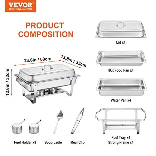 VEVOR Chafing Dish Buffet Set, 8 Qt 4 Pack, Stainless Chafer w/ 4 Full Size Pans, Rectangle Catering Warmer Server w/Lid Water Pan Folding Stand Fuel Tray Holder Spoon Clip, at Least 8 People Each