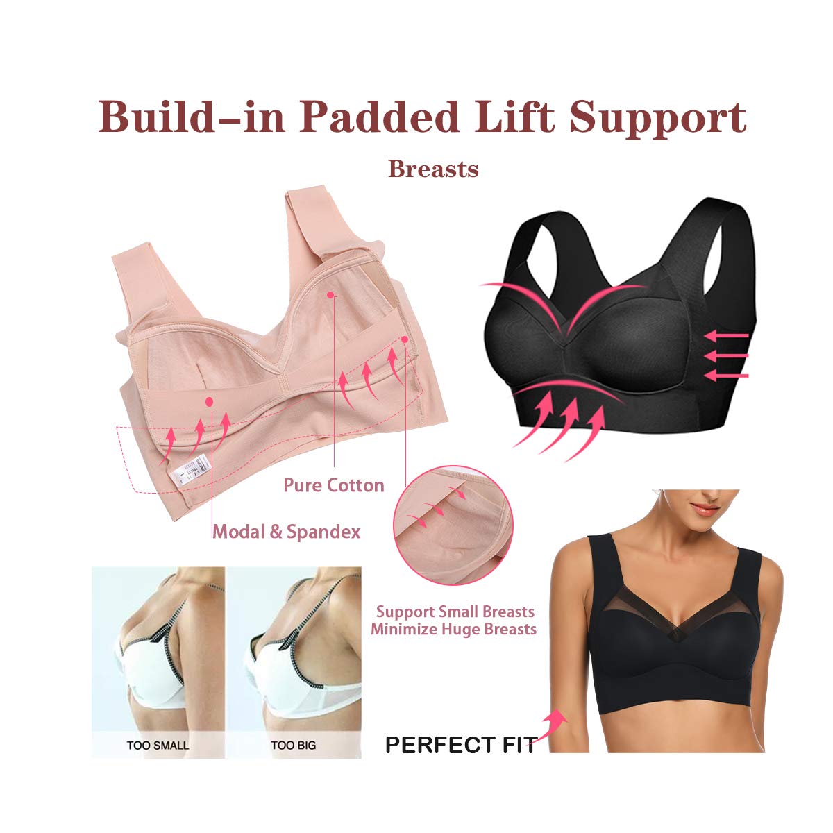 Seamless Mesh Lace Bras for Women Wirefree Comfortable Padded Lift Push Up Thin Soft Back Smoothing Sleep Leisure Pullover Bralettes Plus Size for Large Breasts (169 Sleep Pink, S, s)