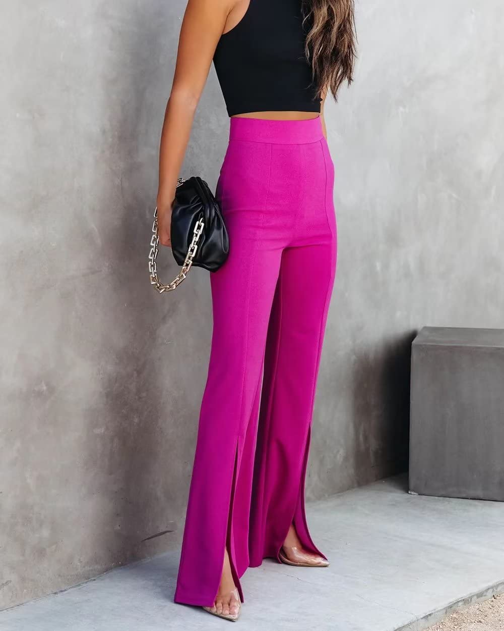 Women Bootcut Yoga Pants Casual High Waist Split Hem Bootleg Leggings Wide Leg Work Pants Rose Red