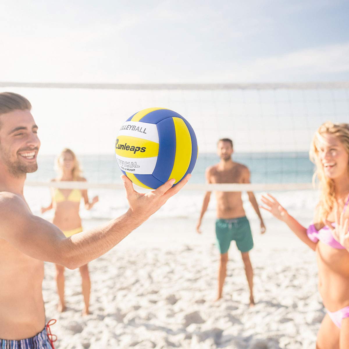 Runleaps Volleyball, Waterproof Indoor Outdoor Volleyball for Beach Game Gym Training, Official Size 5 (Blue-Yellow-White)