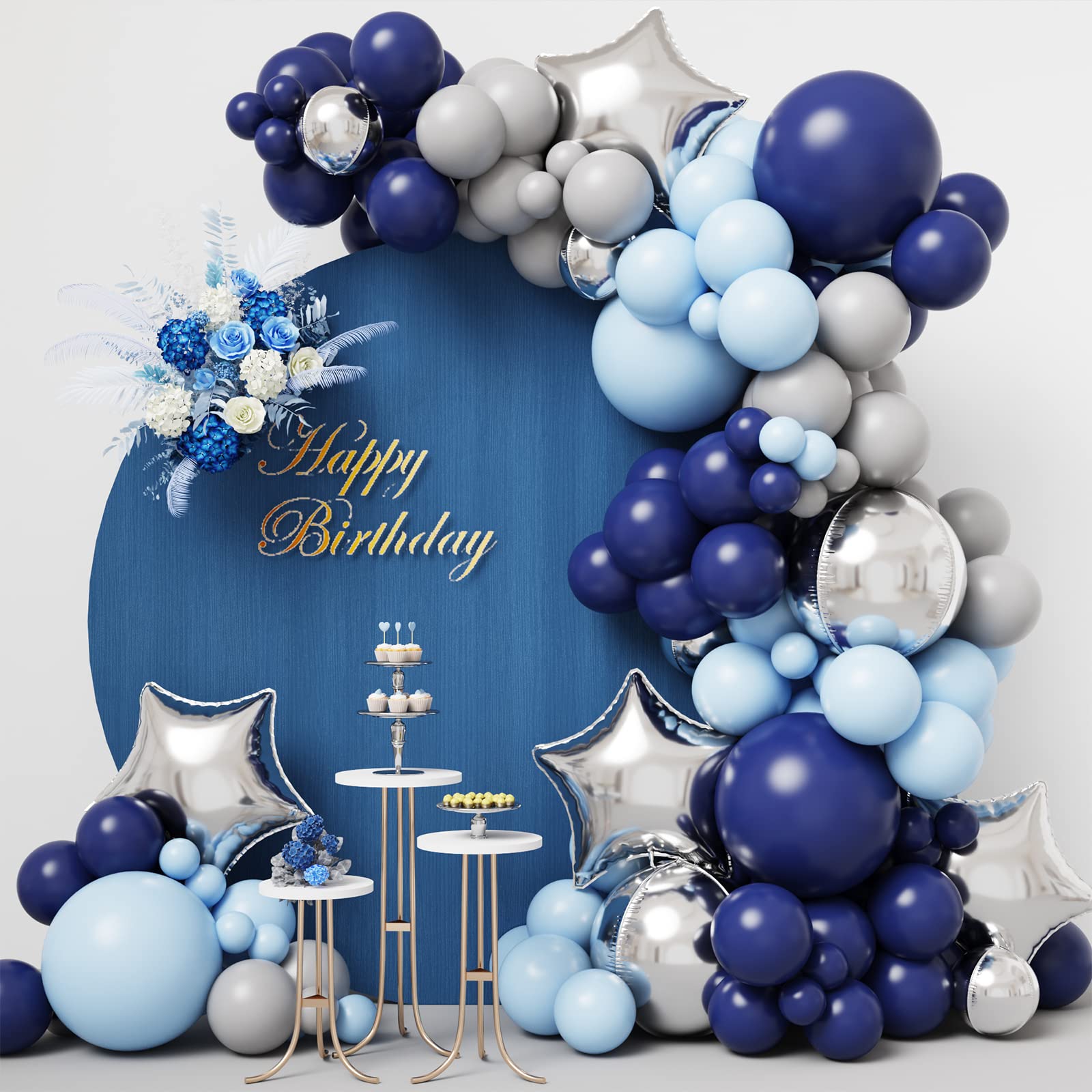 RUBFAC 155pcs Blue Silver Balloon Garland Arch Kit Pastel Blue Navy Blue Metallic Silver Grey Baby Blue Night Blue Balloons for Boys Graduation Girls Baby Shower Wedding Birthday Party Decorations