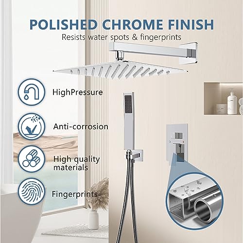 Shower Faucet Set, 10 Inches Rainfall Shower System with High Pressure Rain Shower Head with Handheld, Square Shower Faucet Wall Mounted Bathroom Luxury Rain Mixer Shower Complete Combo Set