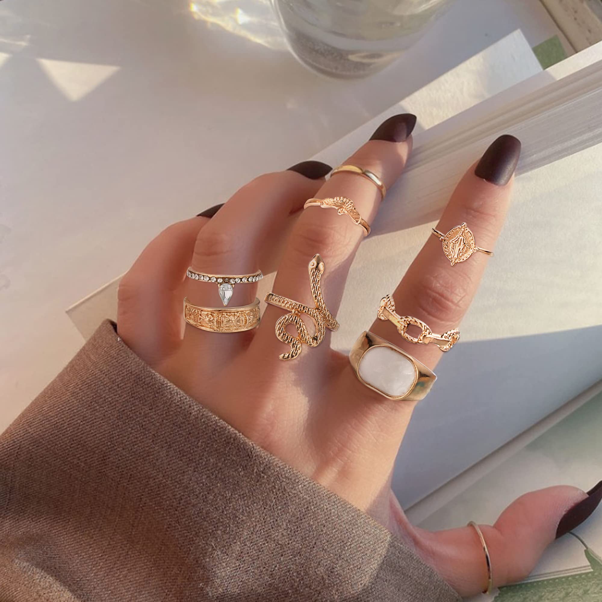 VALDEAS 49 PCS Gold Knuckle Rings for Women Evil Eye Stackable Rings Bohemian Retro Vintage Rings Boho Mid Finger Rings Set Hollow Carved Flowers Joint Finger Rings