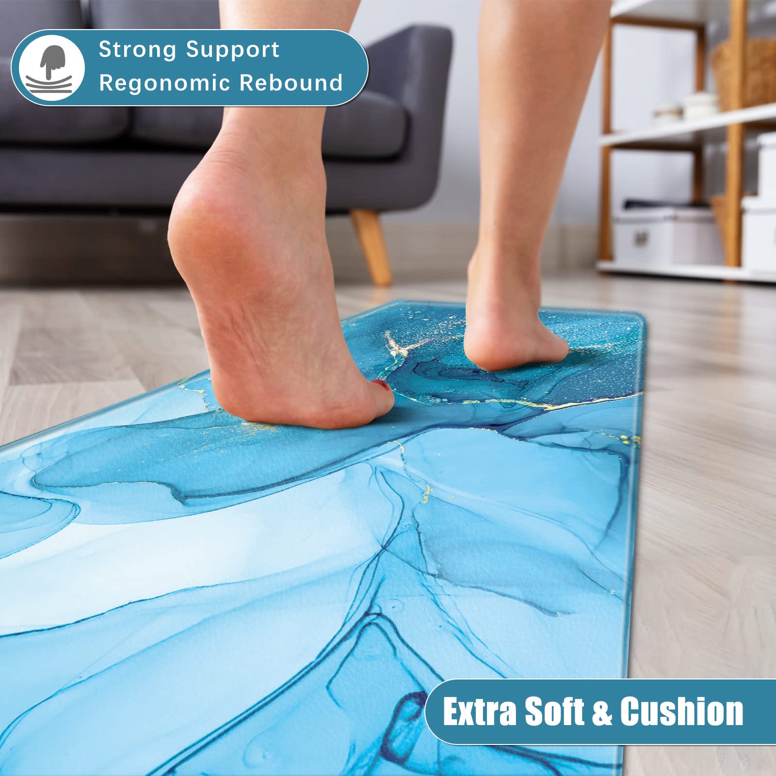 Sofort Kitchen Mat, Cushioned Anti Fatigue Kitchen Rug, Set of 2 Non Slip Waterproof Blue Marble Kitchen Mats for Floor, Comfort Standing Mats for Kitchen, Office, Sink, Laundry