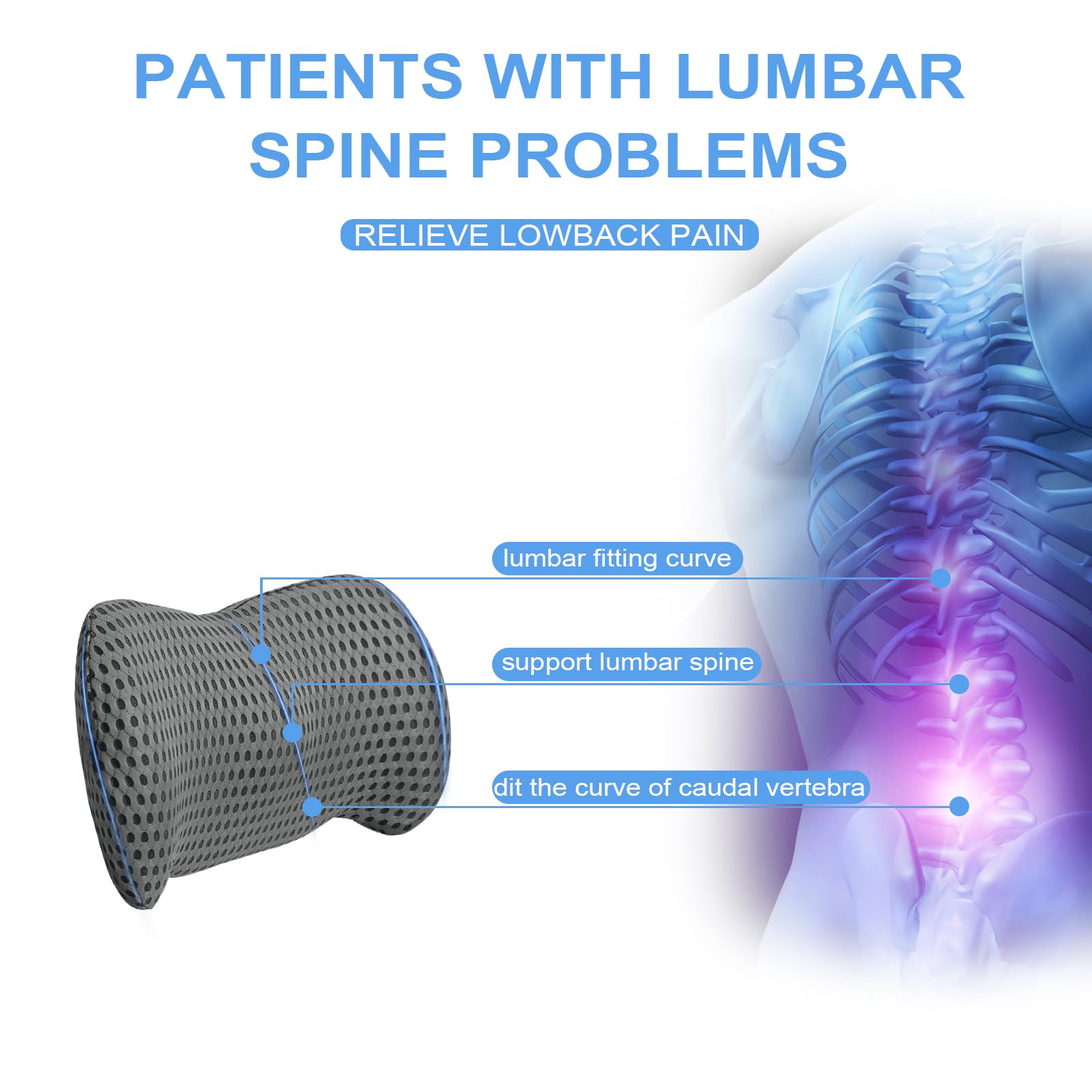 sproerden Lumbar Support Pillow, Ergonomic - Memory Foam Lumbar Support Pillow for Lower Back Pain Relief for Car Seats, Office Chairs, Gaming Consoles, Sofas, Recliners and Beds (Gray)