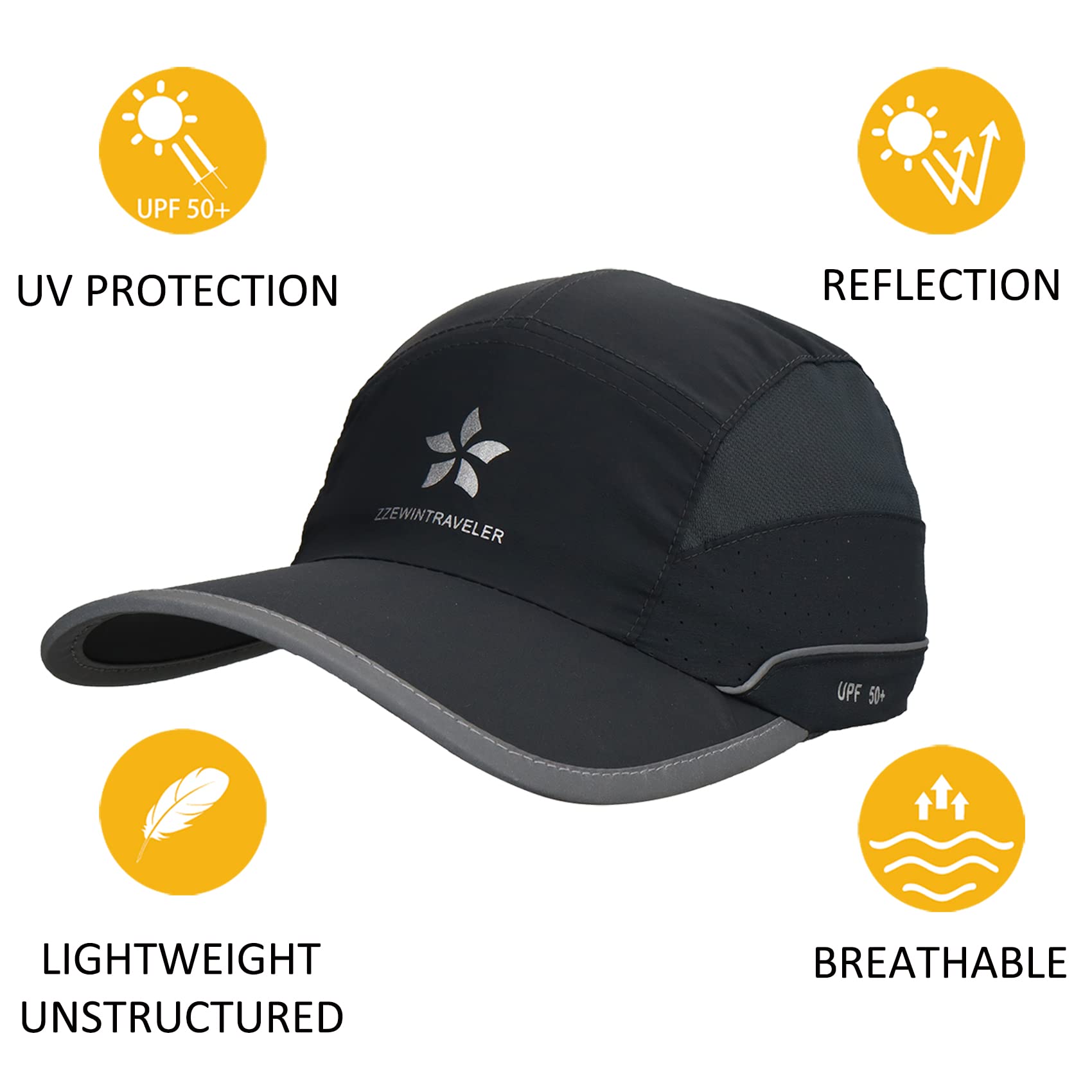 UPF50+ Running Cap Quick Dry Sports Hats Reflective Lightweight Unstructured Baseball Cap for Unisex (Black, Classic)