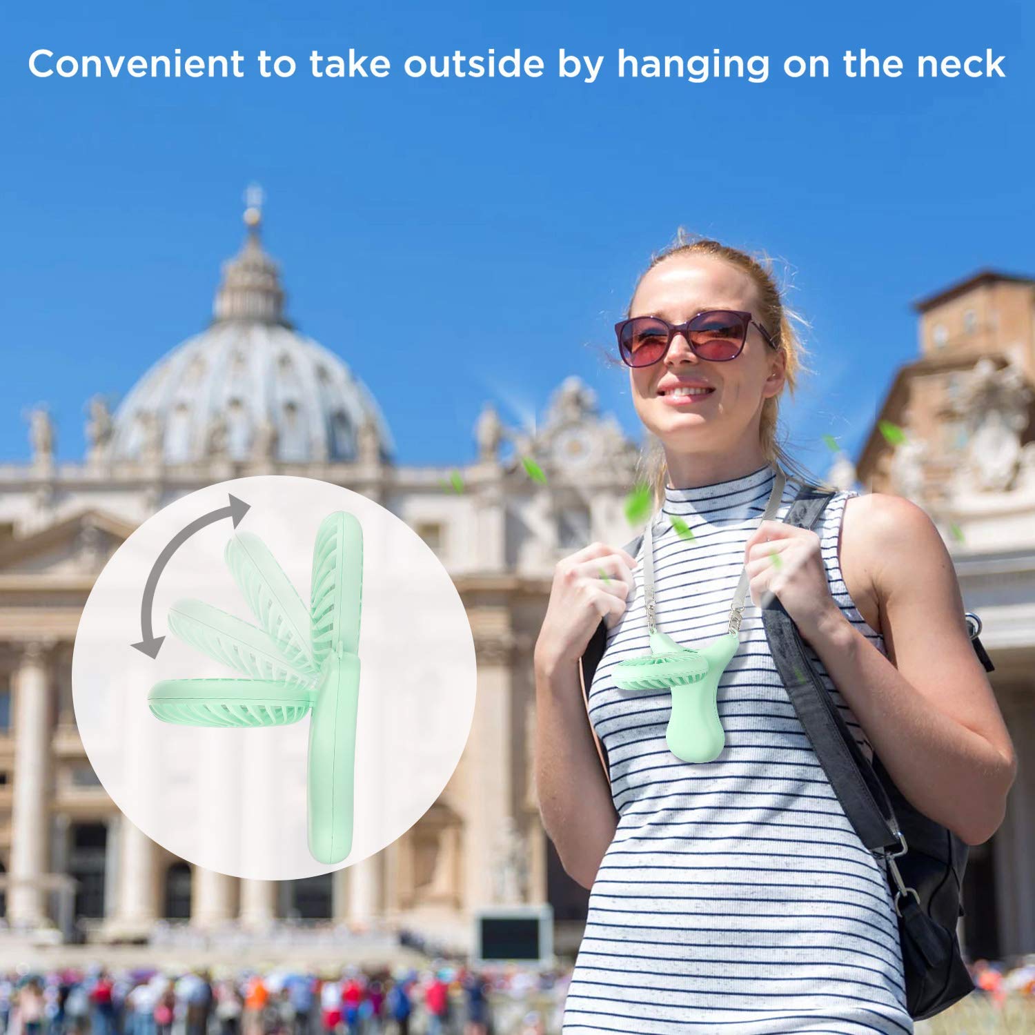 OUTXE Personal Necklace Mini Fan 3000mAh Hands-Free Portable Fan USB 3 Settings, Folding Electric Cooling Fan Handheld Fan