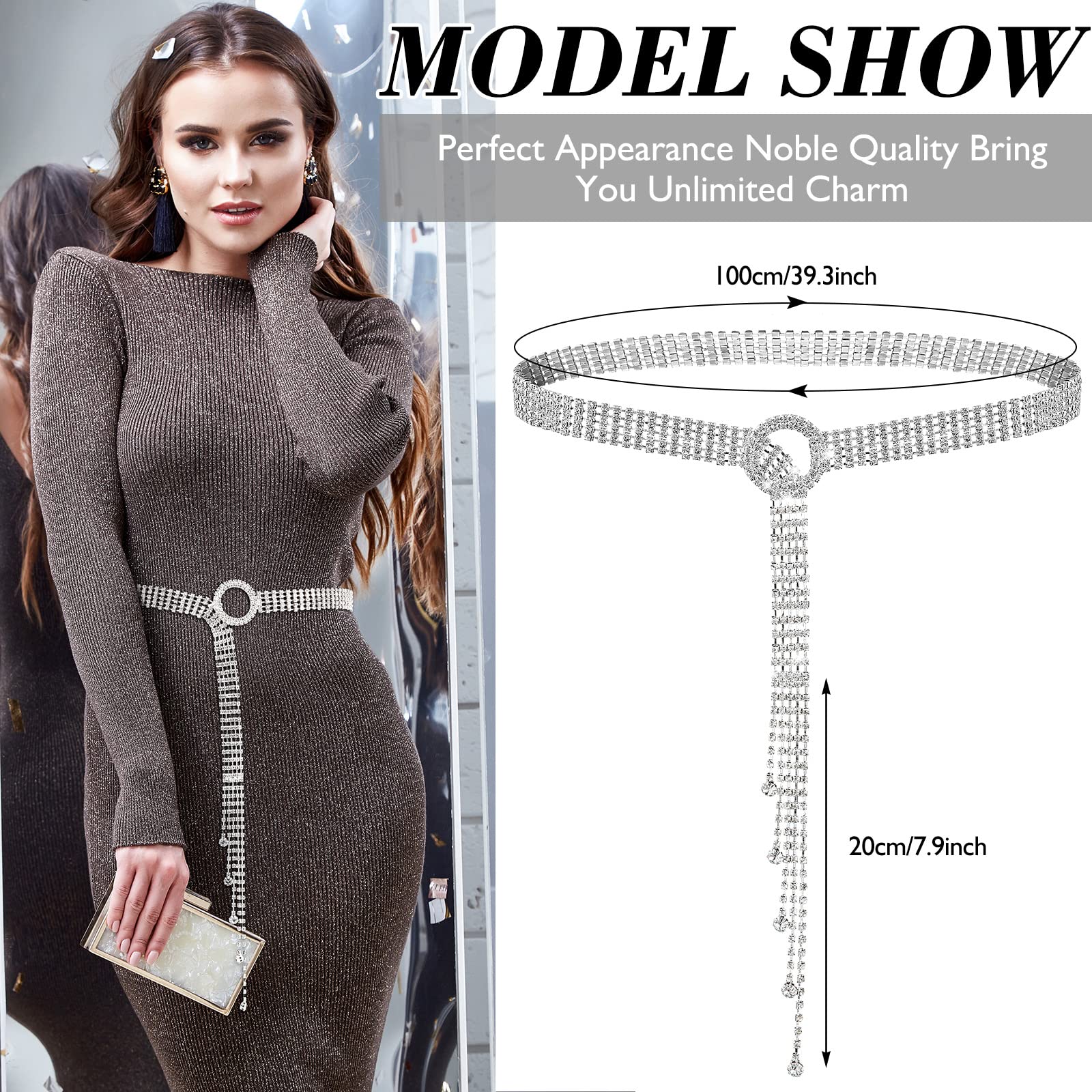 Vabean 2 Pieces Rhinestone Belt for Women Shiny Crystal O-Ring Waist Belts for Dress Diamond Chain Belt for Ladies Dress Gift (Silver)