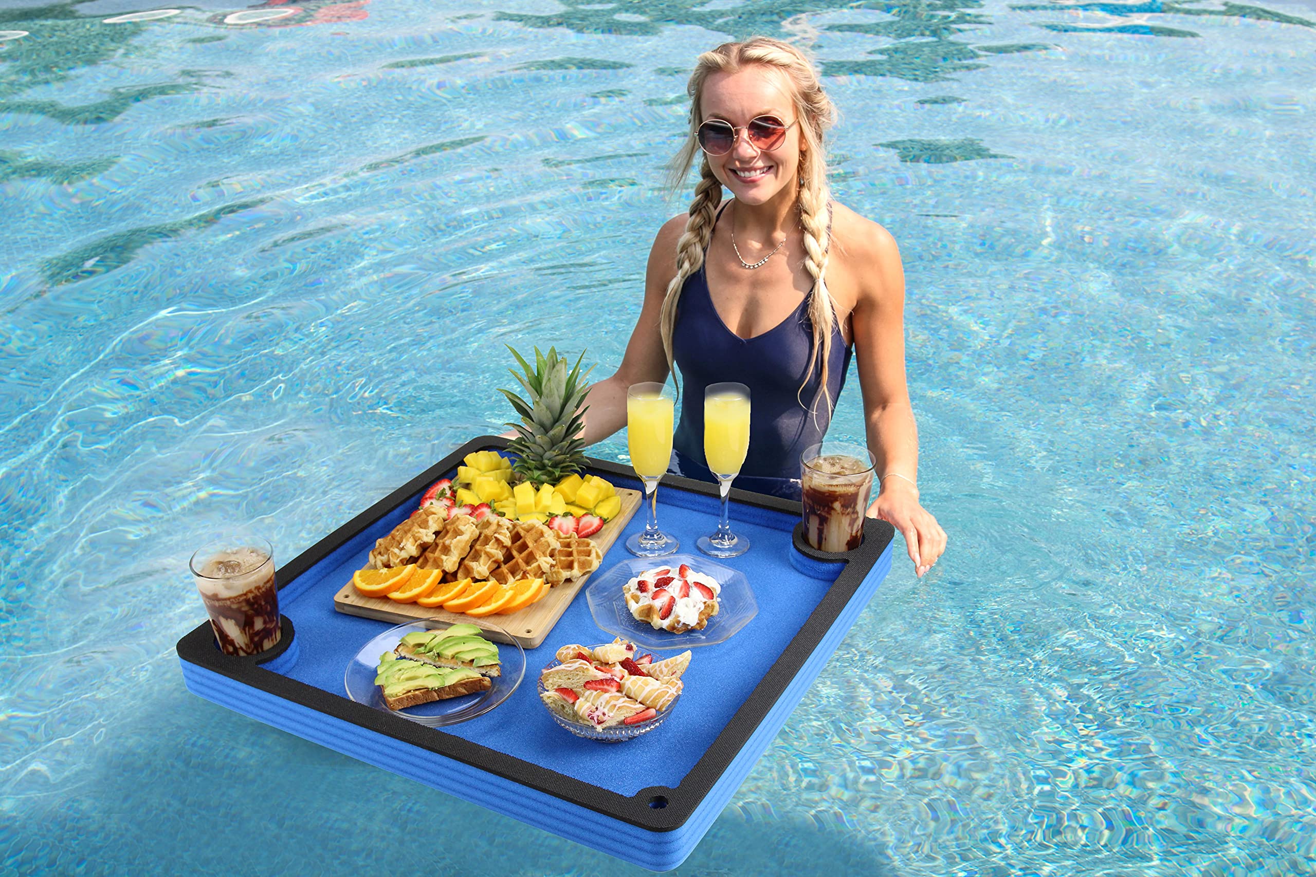 Polar Whale Floating Breakfast Table Serving Buffet Blue and Black Tray Drink Holders for Swimming Pool or Beach Party Float Lounge Refreshment Durable Foam UV Resistant with Cup Holders 24 Inches