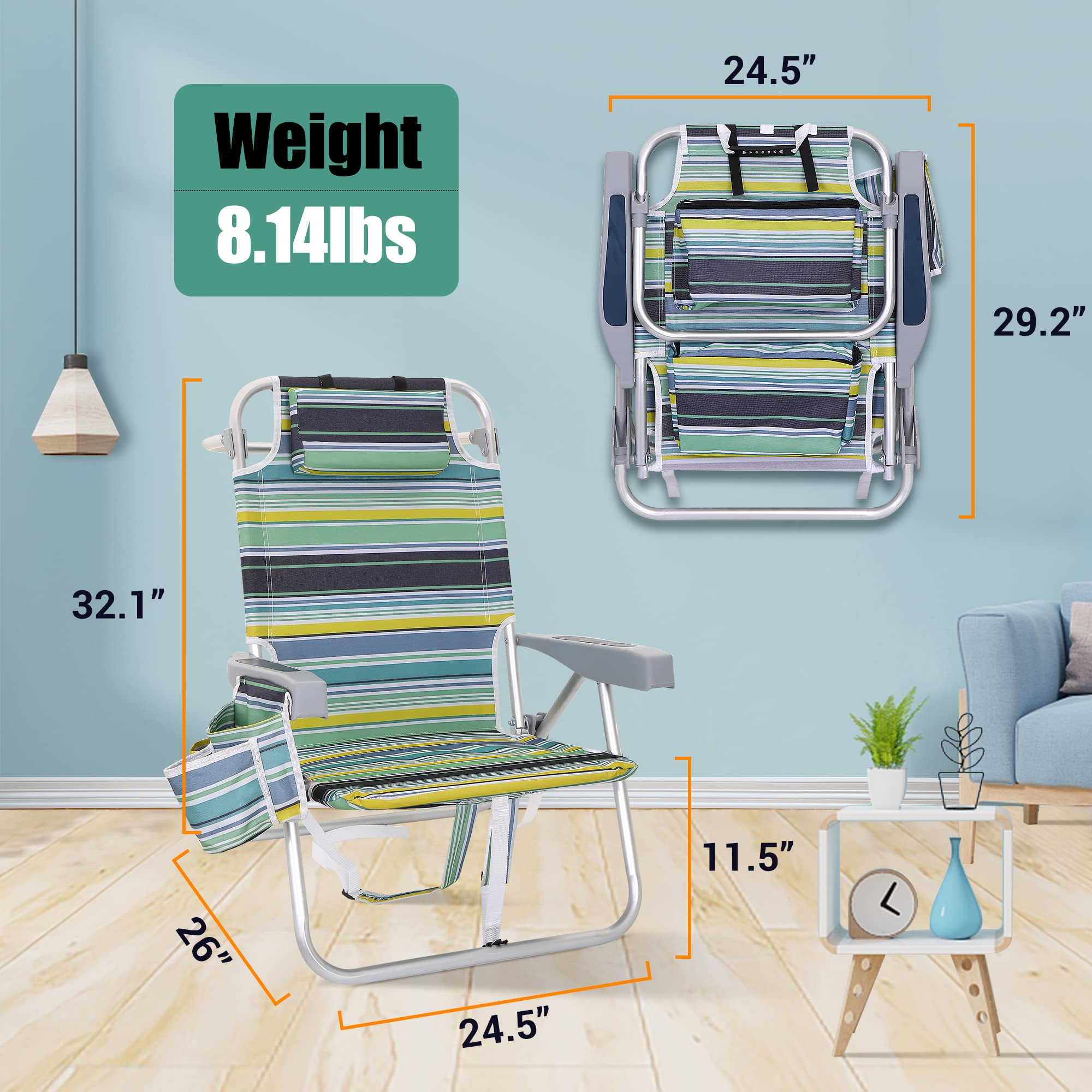 WGOS Folding Backpack Beach Chair, Beach Chairs with Backpack Straps, High Boy Big Boy Beach Chairs, 5-Position Reclining w/Cooler Bag, Headrest, Armrest, Storage Pouch and Cup Holder (2-Pack)