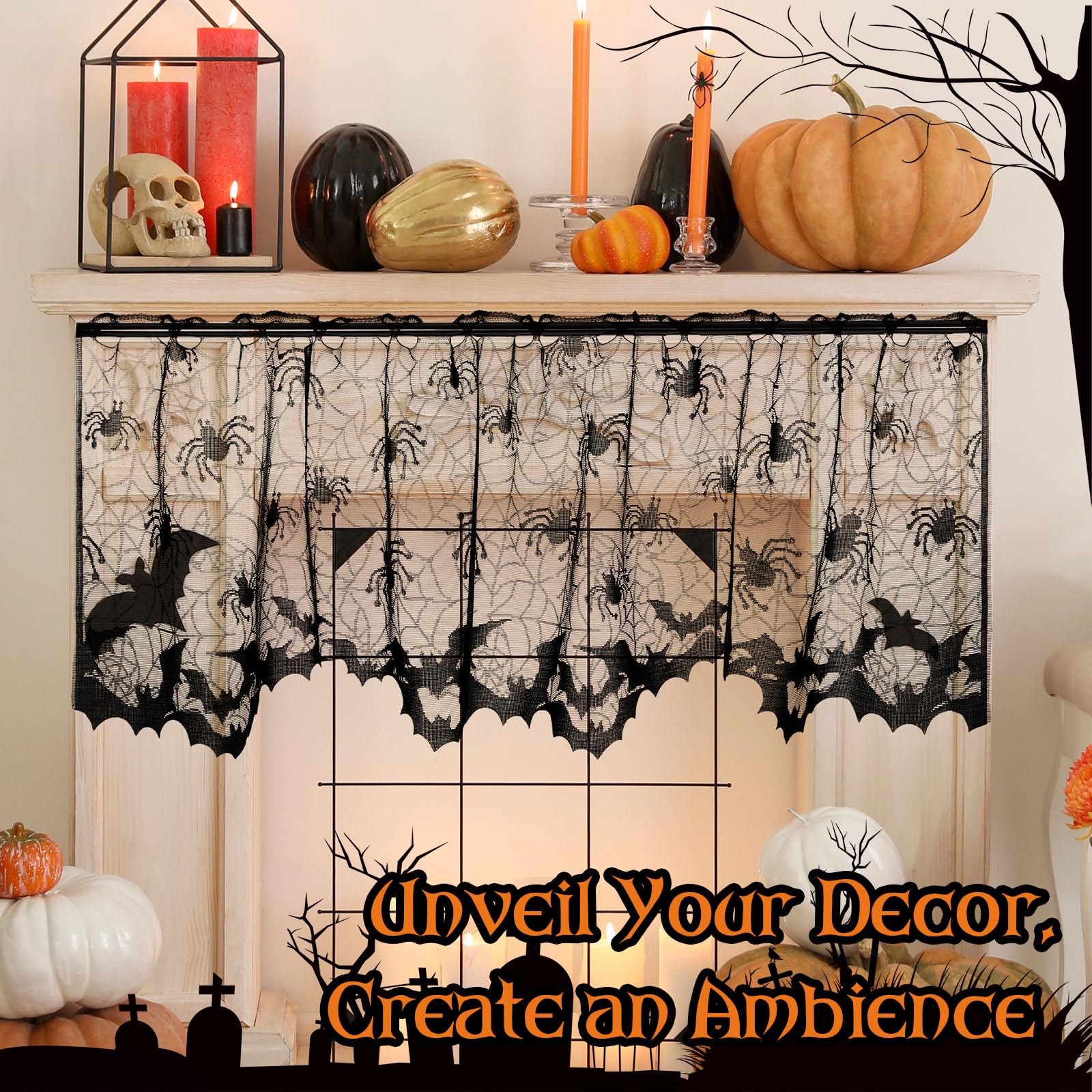 Preboun 4 Pcs Halloween Goth Valance Curtains Kitchen Decor Black Lace Skull Bat Gothic Spooky Witchy Short Shower Curtains Room Decoration for Halloween Party Supply