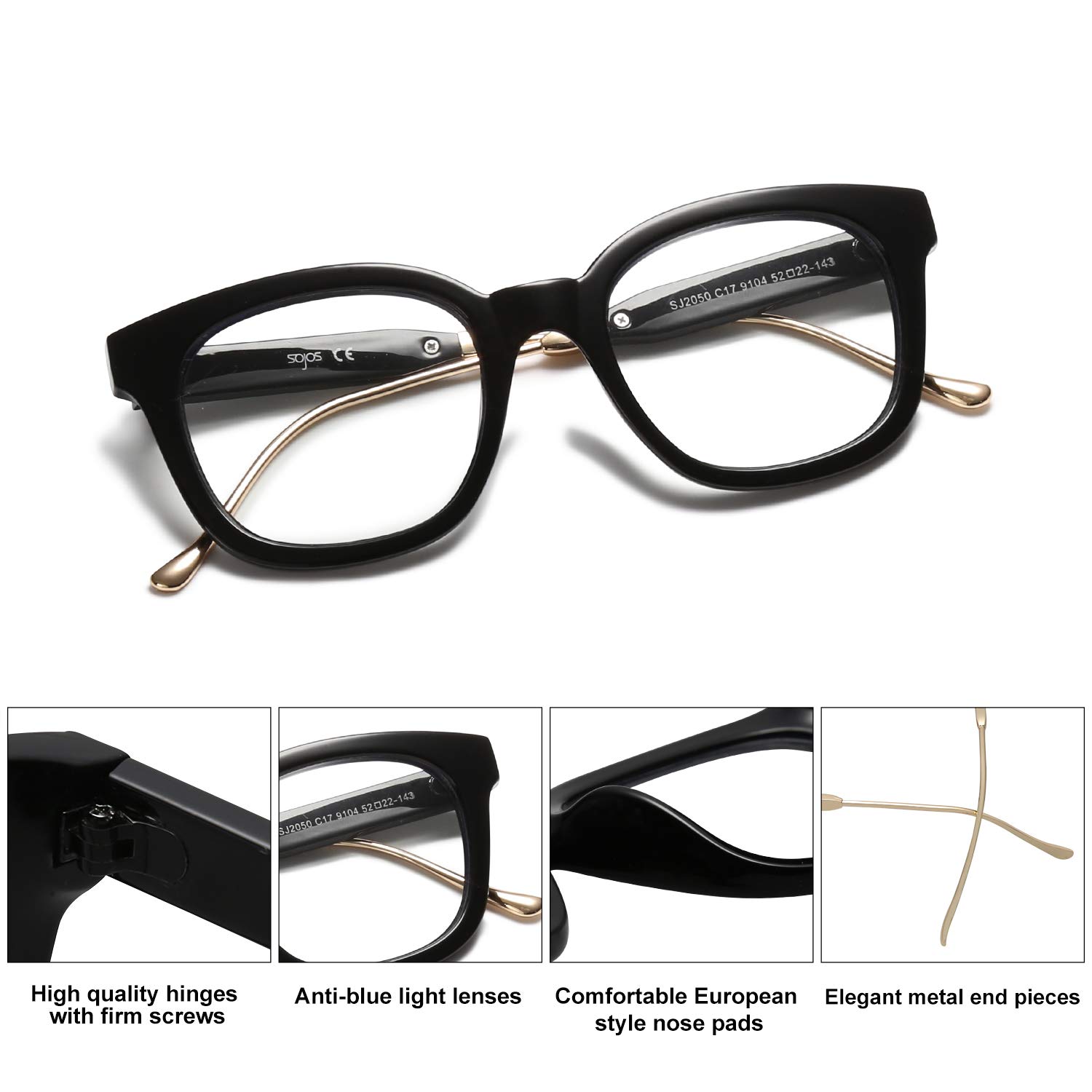 SOJOS Classic Square Blue Light Blocking Computer Glasses for Women Men SJ5060 with Black Frame/Anti-Blue Light Lens