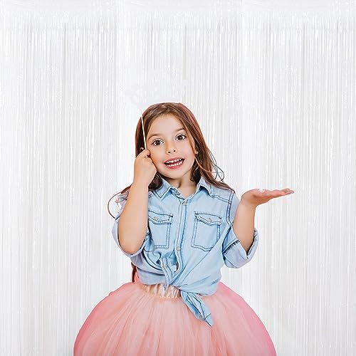 RUBFAC 3pcs 3.3x8.2 Feet White Fringe Backdrop Curtains,Tinsel Streamers Birthday Party Decorations,Fringe Backdrop for Birthday Girl Princess Bachelorette Party Decor