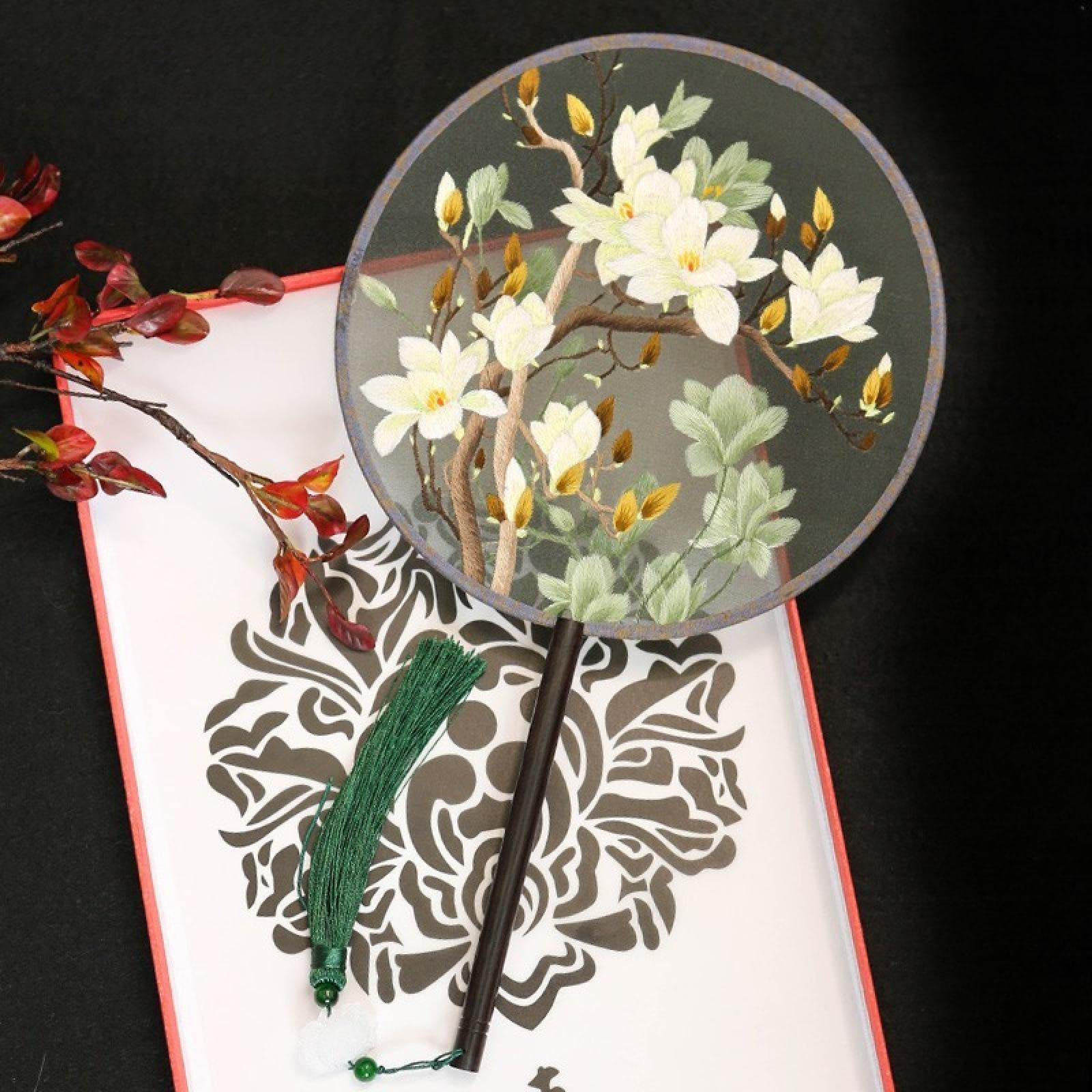 Wingfree 4 Pcs Chinese Style Embroidery Fan, Festival Hand Fans, Handheld Fan Foldable, Folding Fan (Colour Pattern Random) D