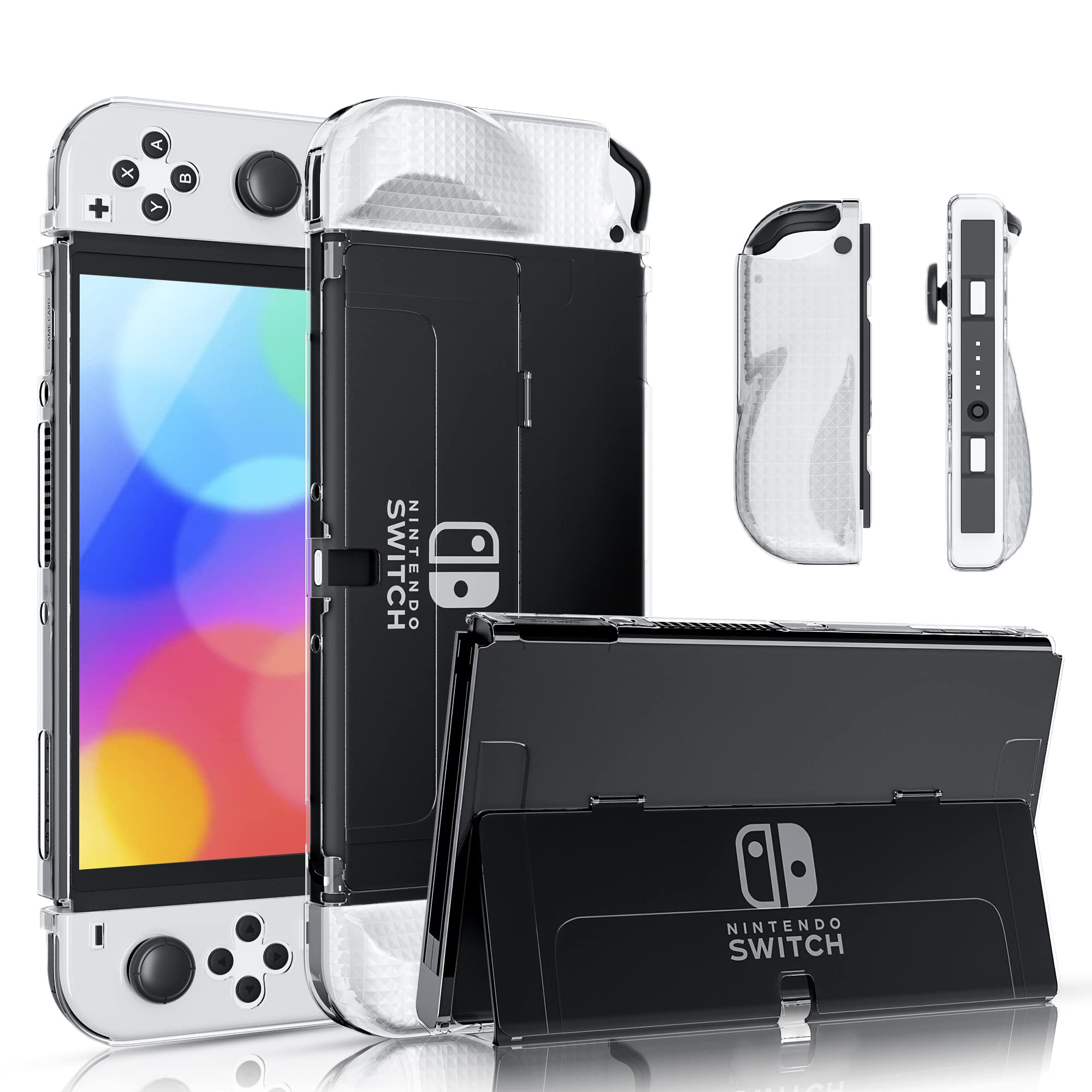 Upgraded Version - FANPL Clear Case Compatible with Nintendo Switch OLED, Dockable Case Cover for Switch OLED, Hard PC Console Shell and Soft TPU Ergonomic Joycon Case with Transparent Lattice Pattern