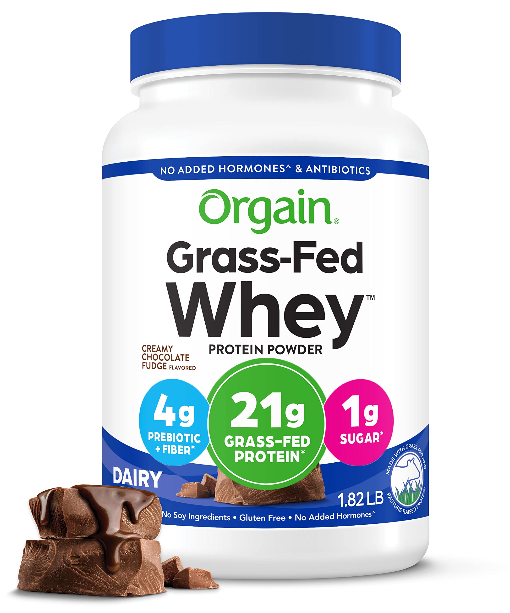 Orgain Whey Protein Powder, Creamy Chocolate Fudge - 21g Grass Fed Dairy Protein, 5g BCAAs, 4g Prebiotic Fiber, No Sugar Added, No Added Hormones, Gluten Free, Kosher, For Shakes & Smoothies - 1.82lb