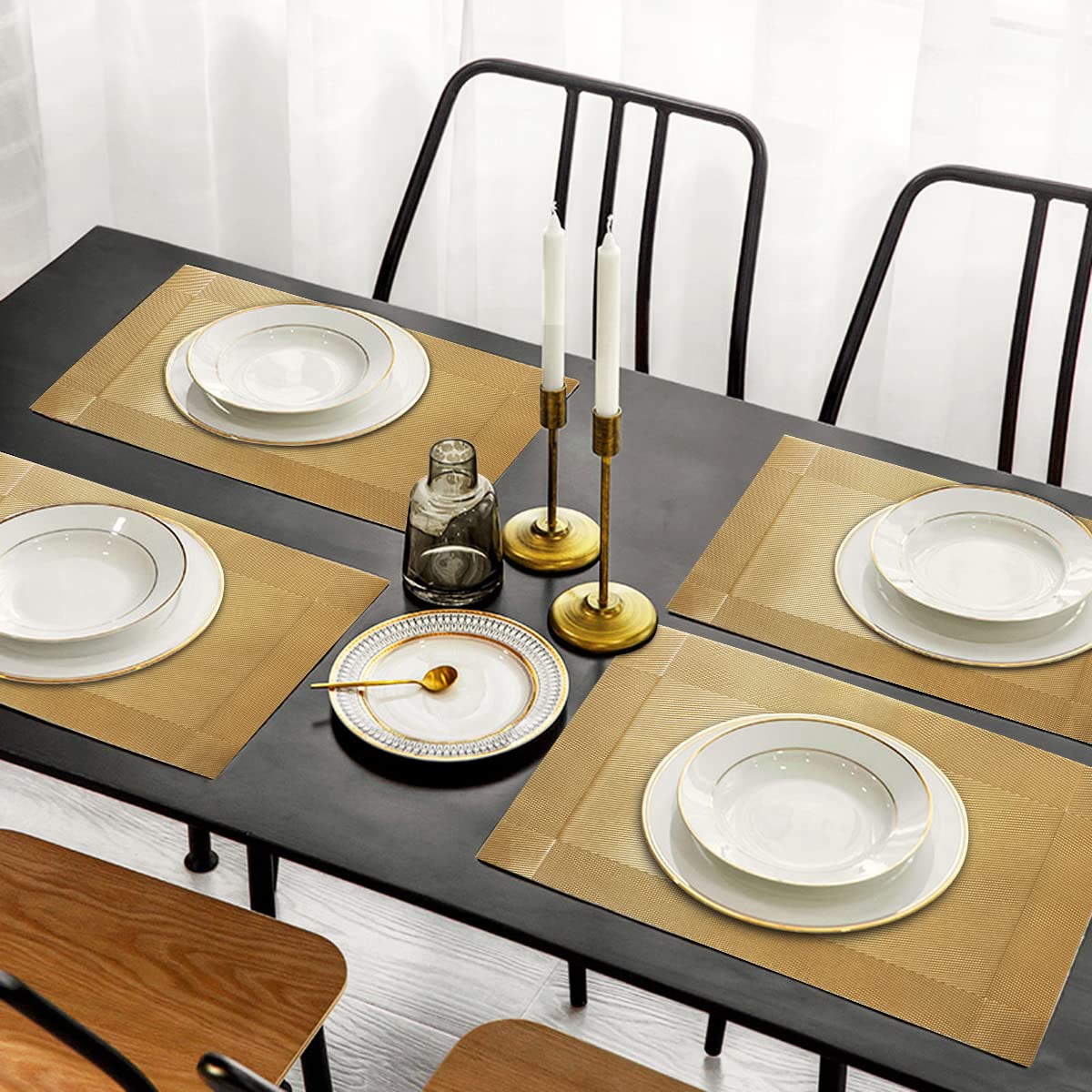 Trophable Placemats Set of 6, Table Placemats Heat Resistant Woven Placemats Washable PVC Place Mats Woven Vinyl Placemats Non-Slip Stain Resistant Kitchen Table Placemats Easy to Clean (Gold)