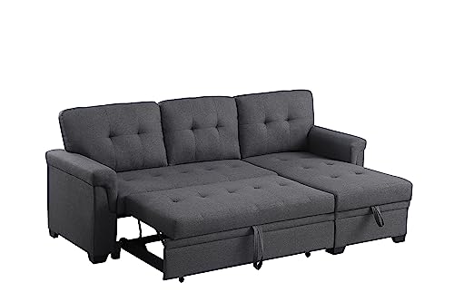 OMMGG 84'' L-Shape Convertible Sleeper Sectional Sofa, Linen Upholstered Reversible Corner 3 Person Couch with Storage Chaise and Pull-Out Bed, for Living Room, Apartment, 84, Dark Gray-1