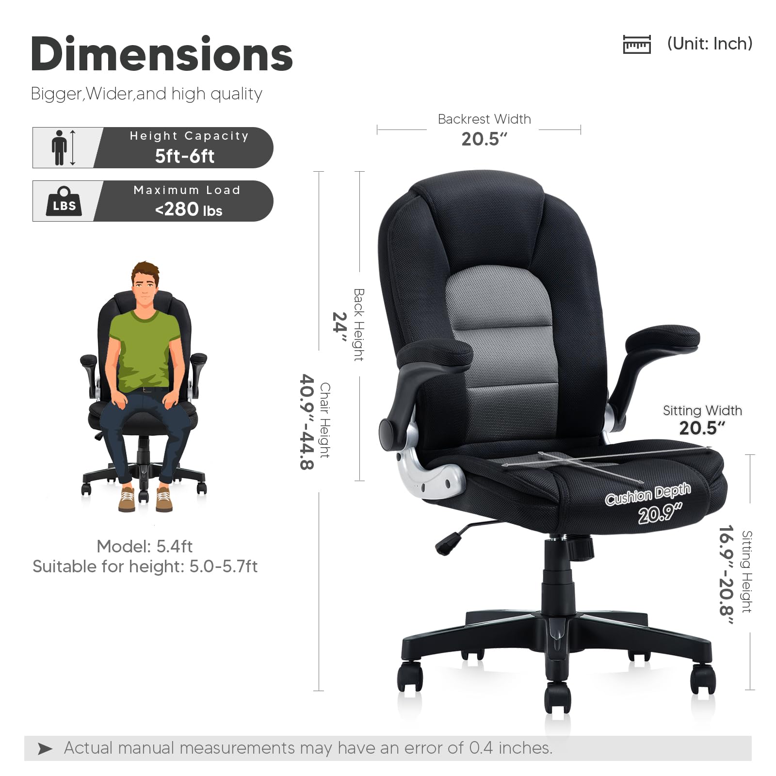 SEATZONE Ergonomic Office Chair, High Back PU Leather Comfortable Desk Chair with Flip-up Armrests, Computer Chair for Adults, Black