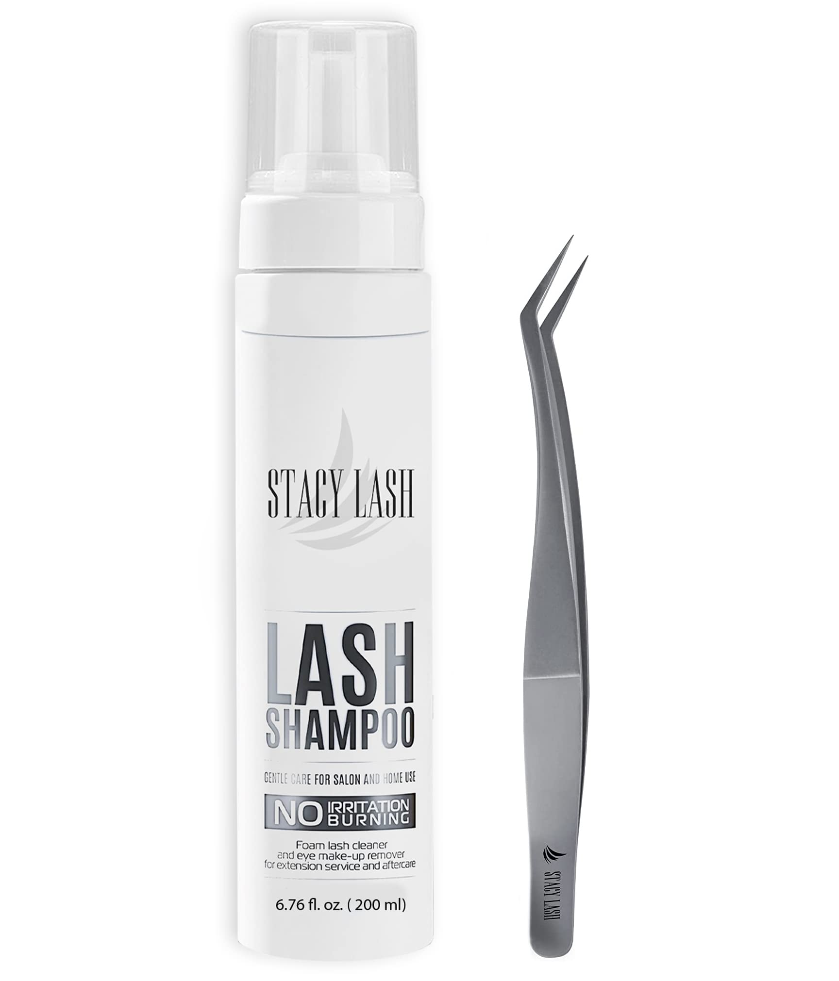 STACY LASH Lash Shampoo 200ml STL-11 Curved L-Shaped Tweezers/Eyelid Foaming Cleanser/Safe Makeup & Mascara Remover/Precision Stainless Steel Tool/Angled Tips/Professional Supplies