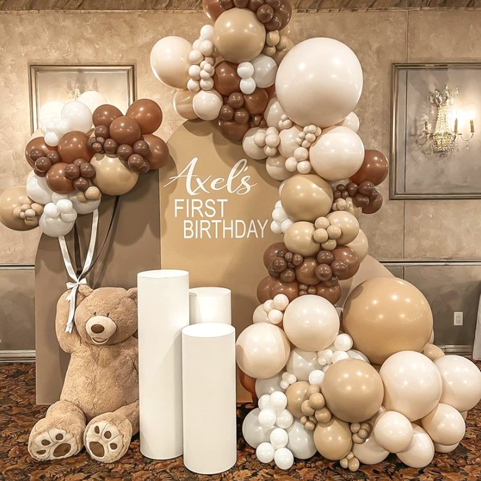 RUBFAC 276pcs Brown Balloons Garland Arch Kit with Double-Stuffed Boho Coffee Brown Beige White Balloon for Teddy Bear Baby Shower Jungle Safari Party Birthday Decorations