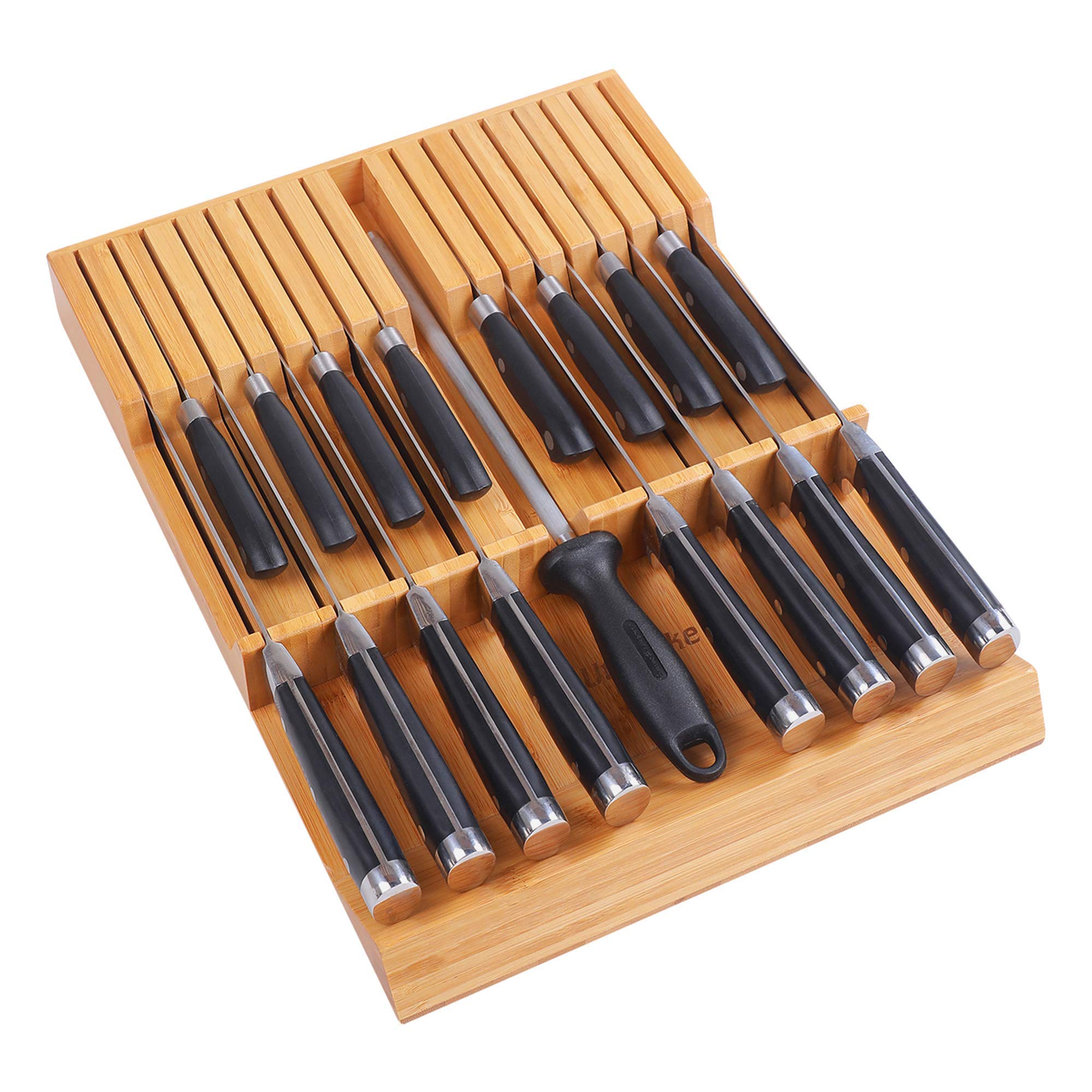 Utoplike In-drawer Knife Block Bamboo Kitchen 16 Knifes Drawer Organizer and Flatware Expandable Cutlery Organizer Tray Set