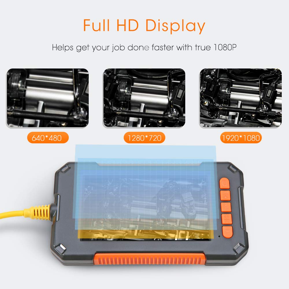 Ragu Endoscope Camera, 1080P HD Borescope 4.3” LCD Screen Inspection Camera IP67 Waterproof Industrial Endoscope with 8 Dimmable LEDs 16.4ft Semi-Rigid Cord