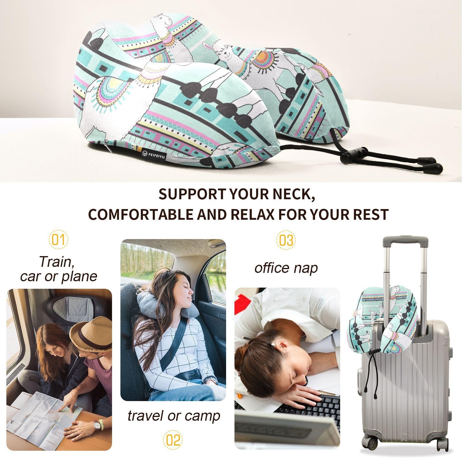 RunningBear Llama Travel Pillow Neck Pillows for Sleeping Airplane Pillow Soft Neck Support Pillow Memory Foam with Storage Bag for Flight Headrest Sleep