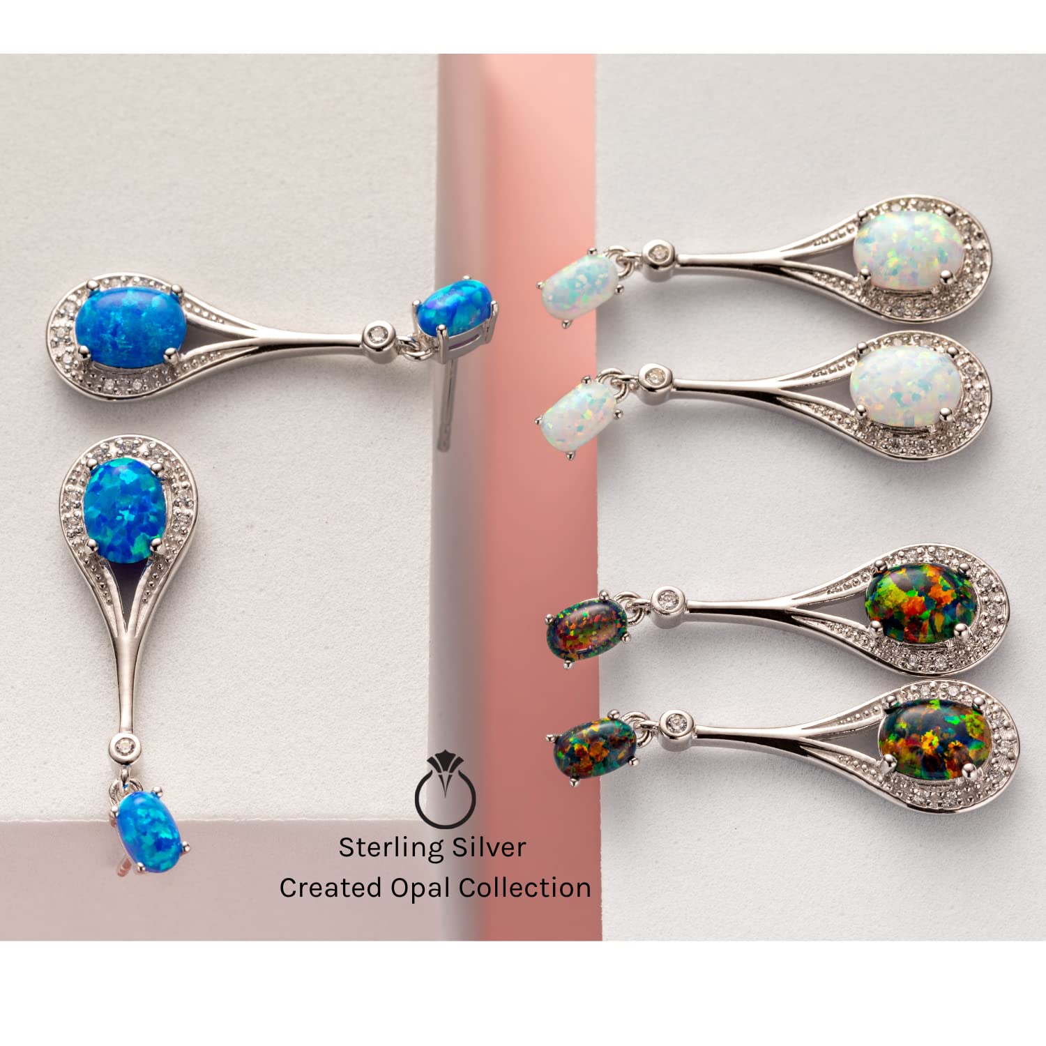 Peora Created Blue Fire Opal Dangle Earrings for Women Sterling Silver, Halo Drop Oval Shape, 3.50 Carats total, Hypoallergenic, Friction Backs