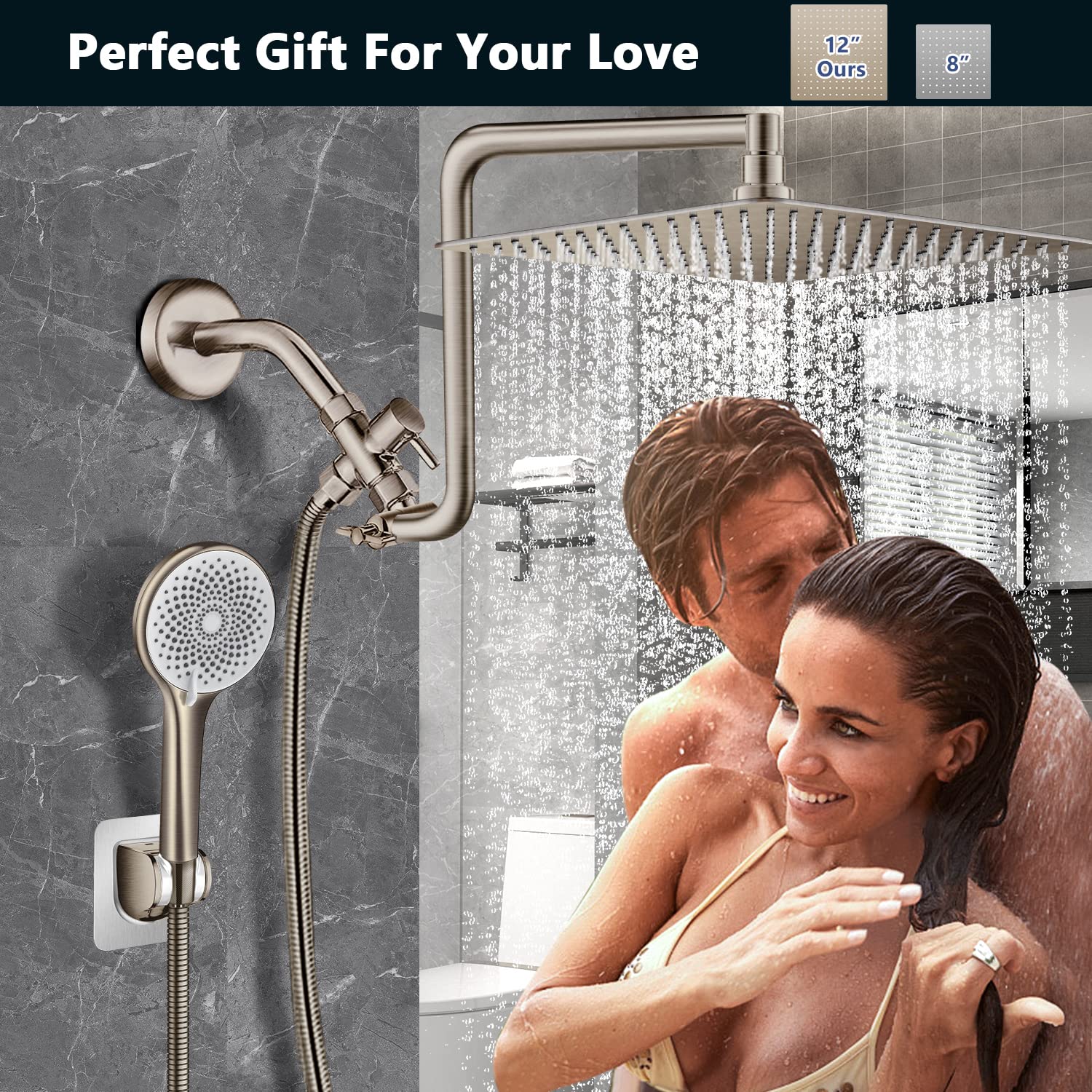 Shower Head Brushed Nickel, Upgraded 12" Rain Shower Head with 12" Flexible Curved Shower Extension Arm and High Pressure 4 Setting Handheld Shower Head Combo, Built-in Power Wash, 60ββ Shower Hose