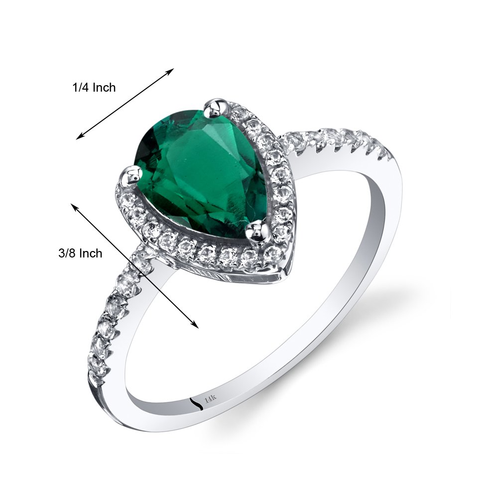 PEORA Created Emerald Teardrop Halo Ring for Women 14K White Gold with Genuine White Topaz, 1.25 Carats Pear Shape 9x6mm, Size 7