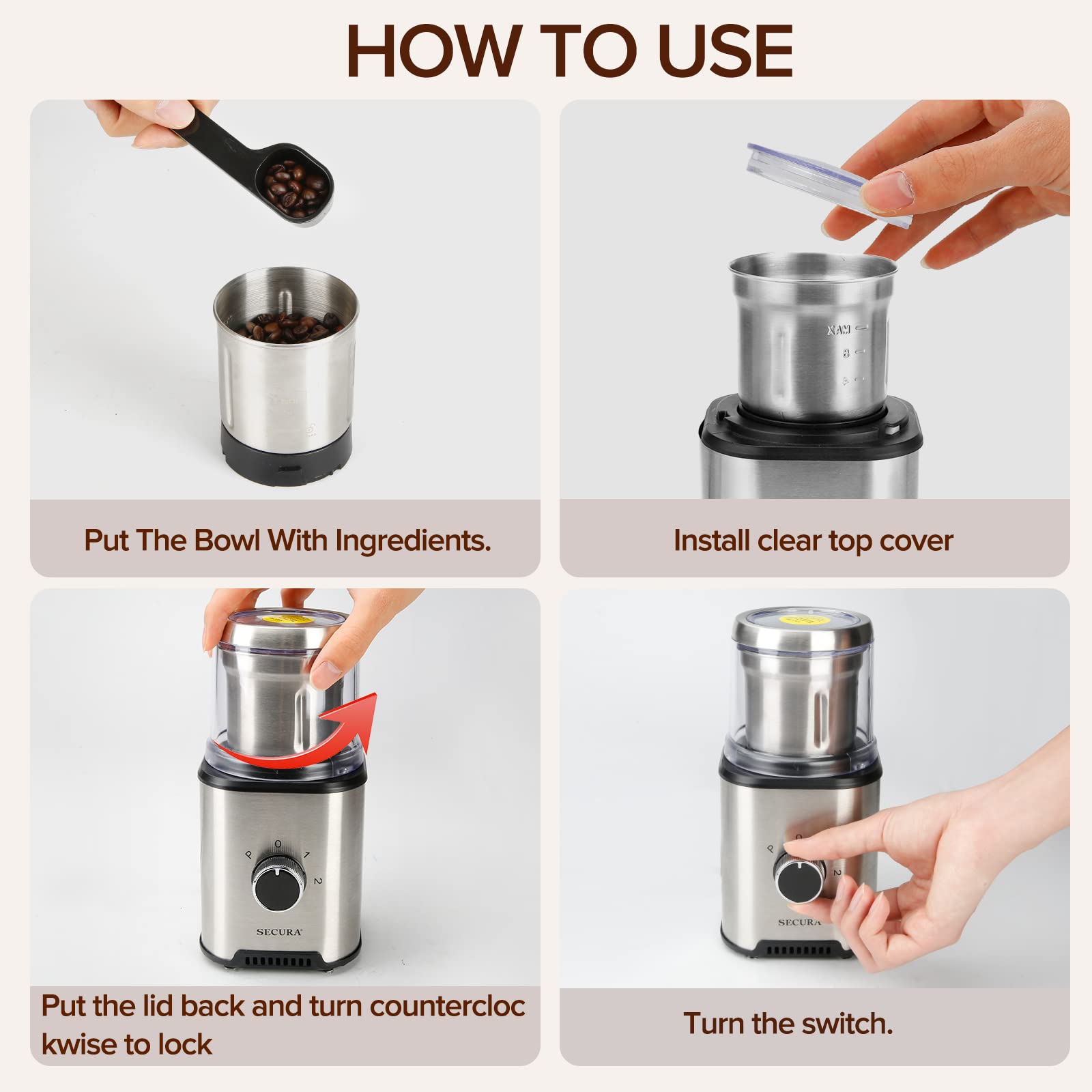 Secura Coffee Grinder Electric, Spice Grinder Electric, Coffee Bean Grinder, Dry & Wet Grinders for Spices, Herbs, Nuts, Grains with 2 Stainless Steel Blades Removable Bowls