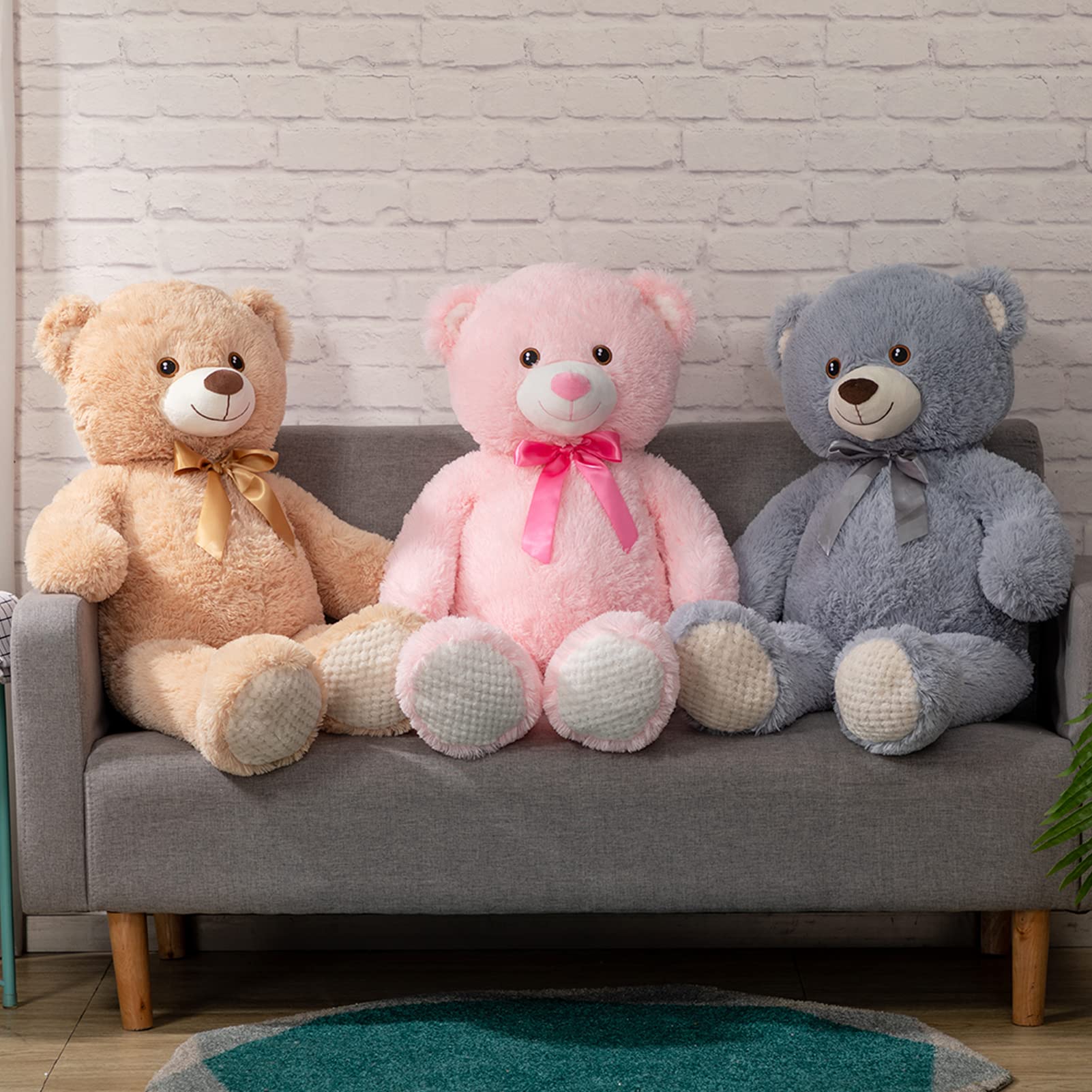 WENMOTDY Giant Teddy Bear Stuffed Animal Huge Teddy Bear Plush with Ribbon Cuddly Toy Gift for Kids Girlfriend, Tan, 39ββ
