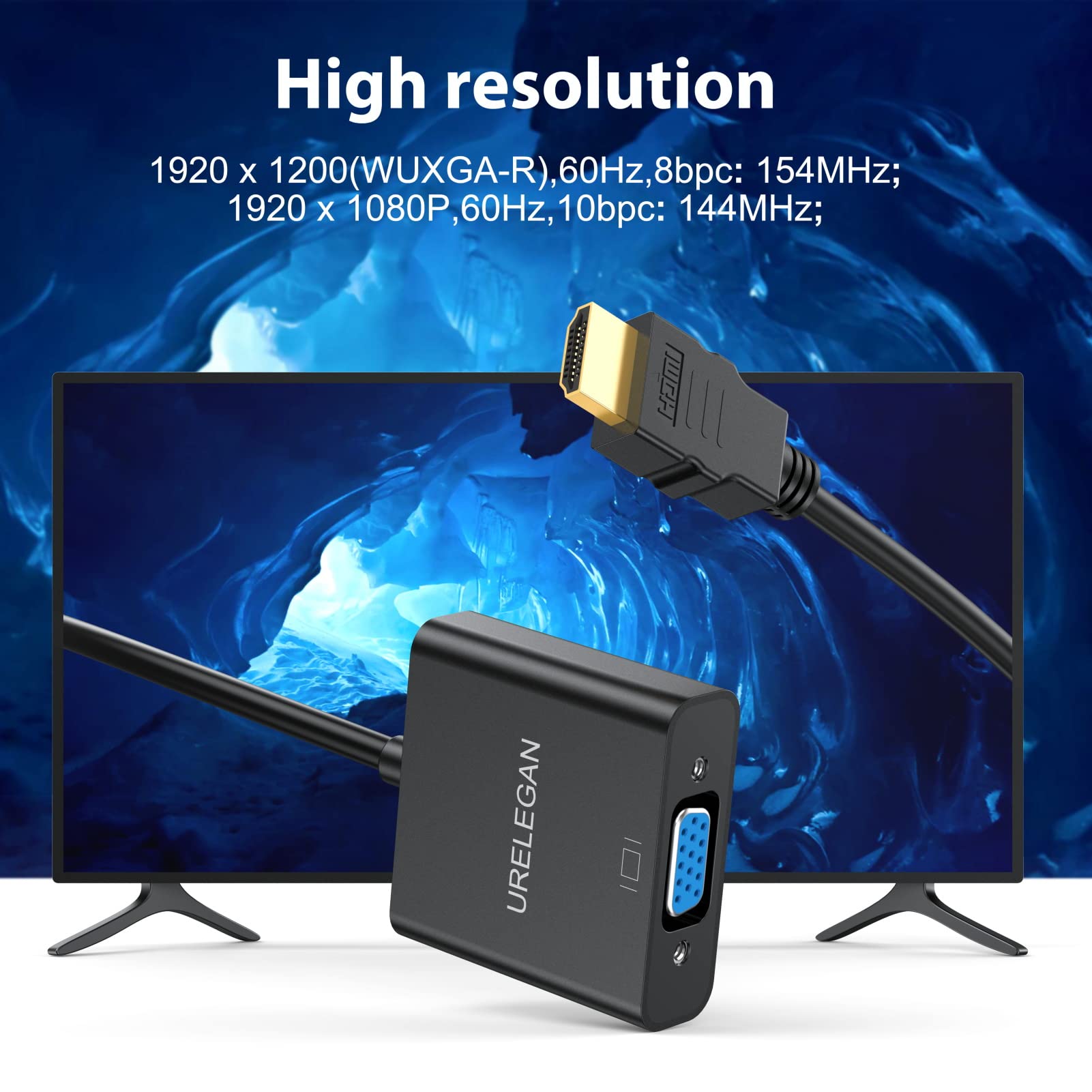 URELEGAN HDMI to VGA Adapter, 1080P Gold-Plated Cord for Computer, Desktop, Laptop, PC, Monitor, Projector, HDTV, Chromebook, Raspberry Pi, Roku, Xbox