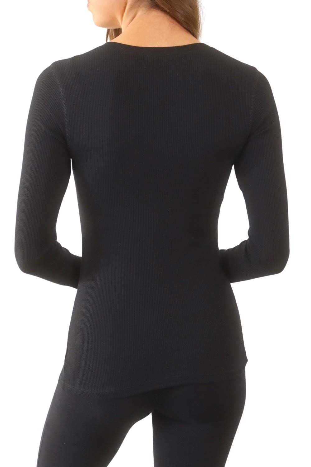 Pure Look Women's Long Sleeve Waffle Knit Stretch Cotton Thermal Underwear Shirt, Small, V-Neck Black