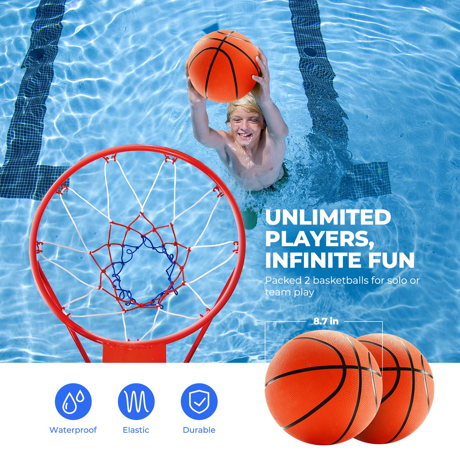Valwix Swimming Pool Basketball Hoop with Base 47''-59'' Adjustable Height Poolside Basketball Hoop for Pool with 2 Balls and Pump